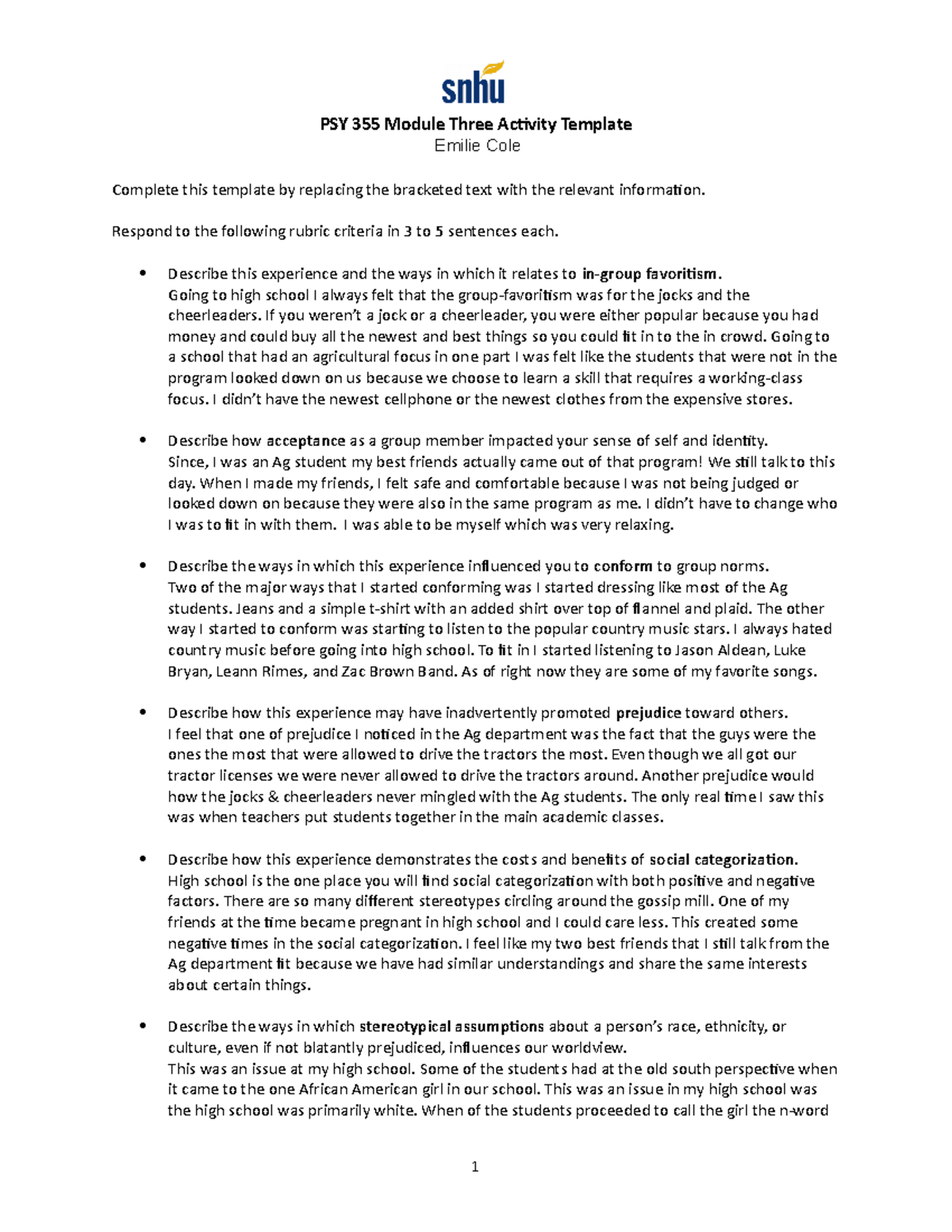 PSY 355 Module Three Activity - Respond to the following rubric ...