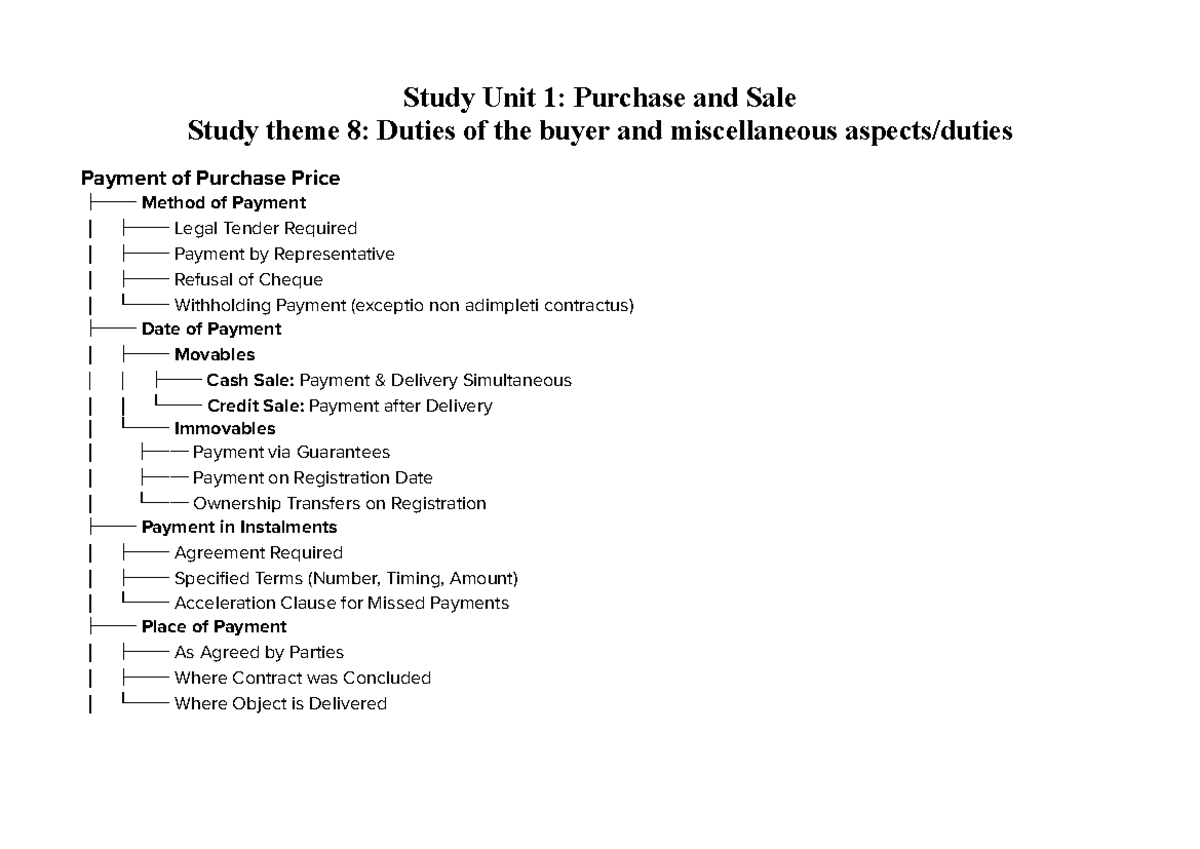 KTH 8 - lecture notes - Study Unit 1: Purchase and Sale Study theme 8 ...