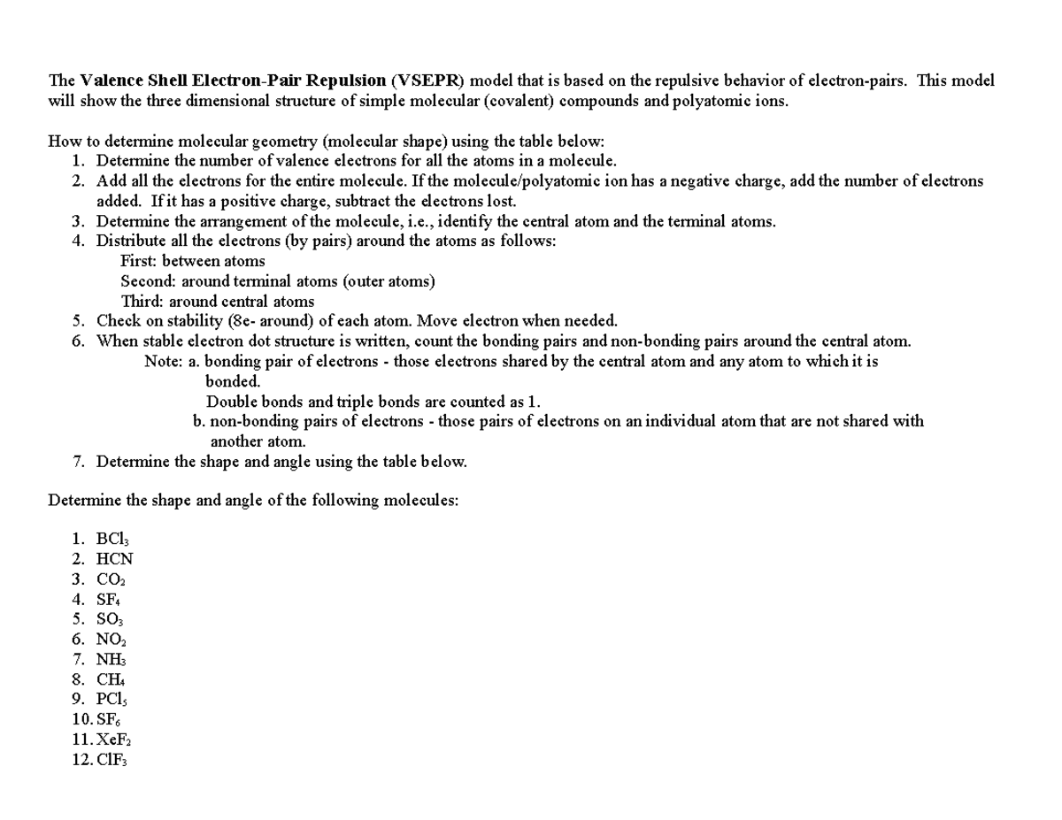 Vsepr Assignment - The Valence Shell Electron-Pair Repulsion (VSEPR ...
