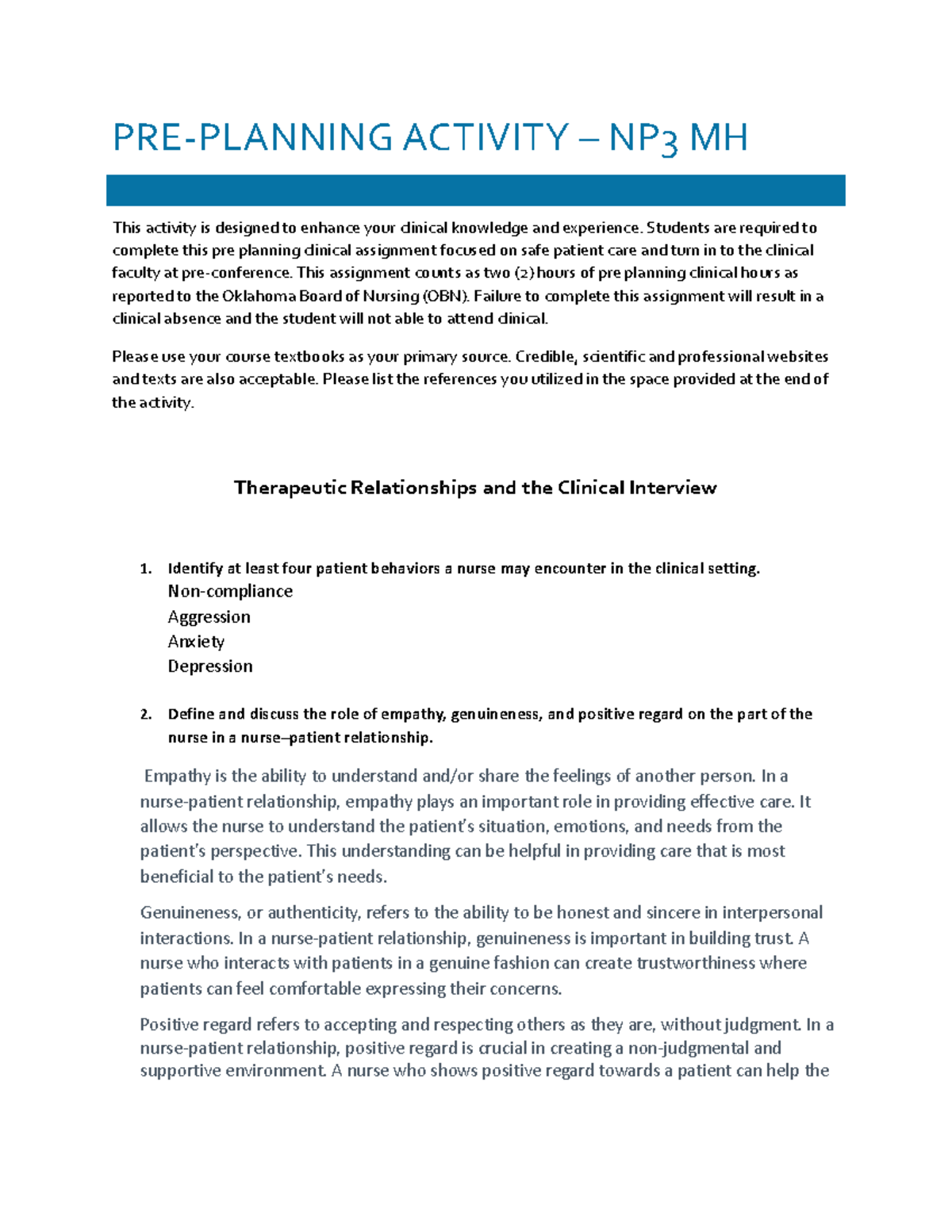 Pre Plan NP3 MH Therapeutic Relationships and the Clinical Interview ...