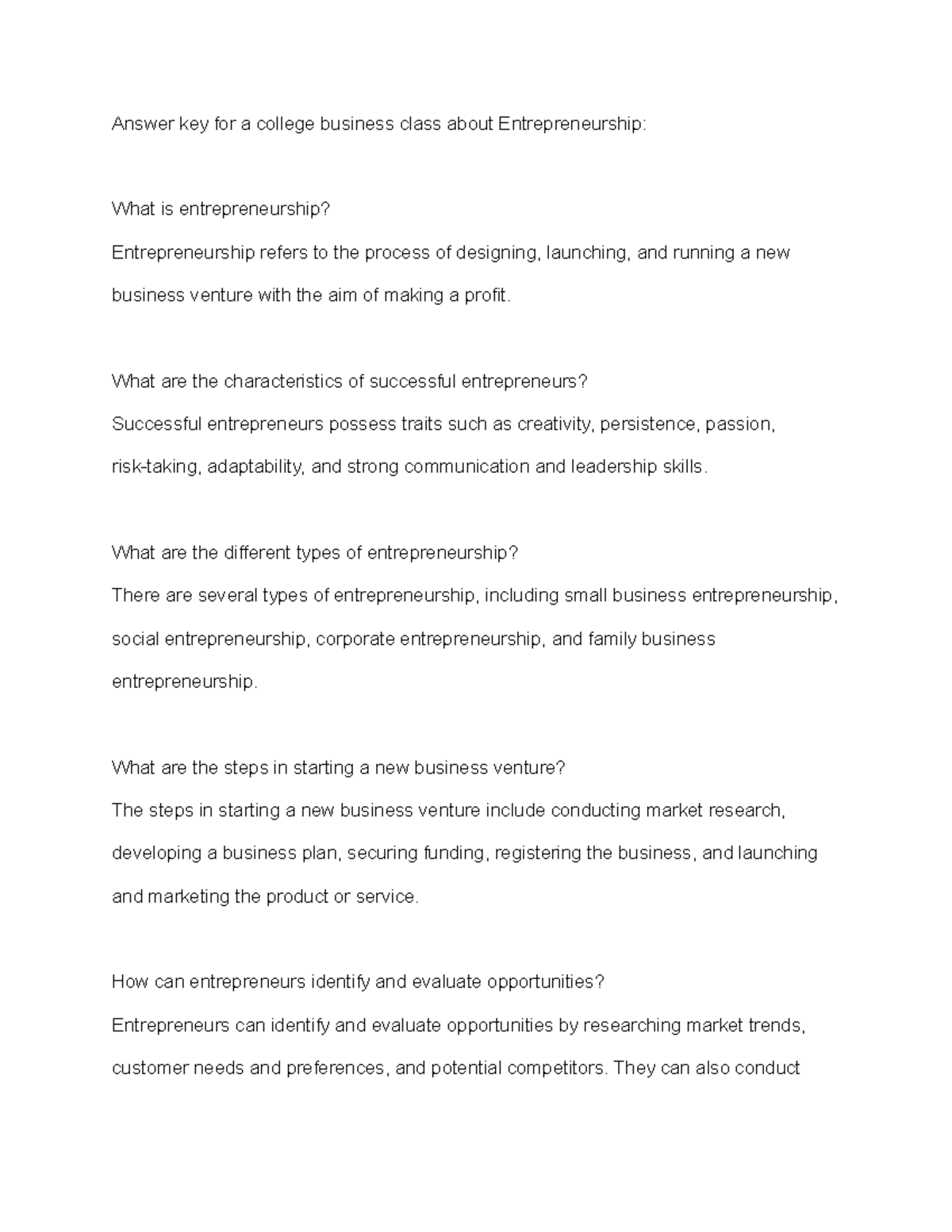 Answer key for a college business class about Entrepreneurship - What ...