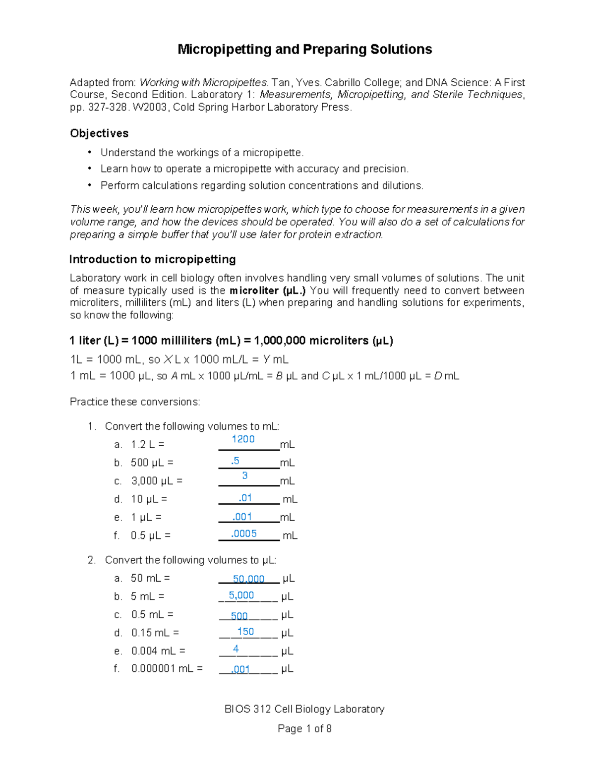 1-12 bio 312 lab wksht - Lab worksheet for calculating and measuring ...