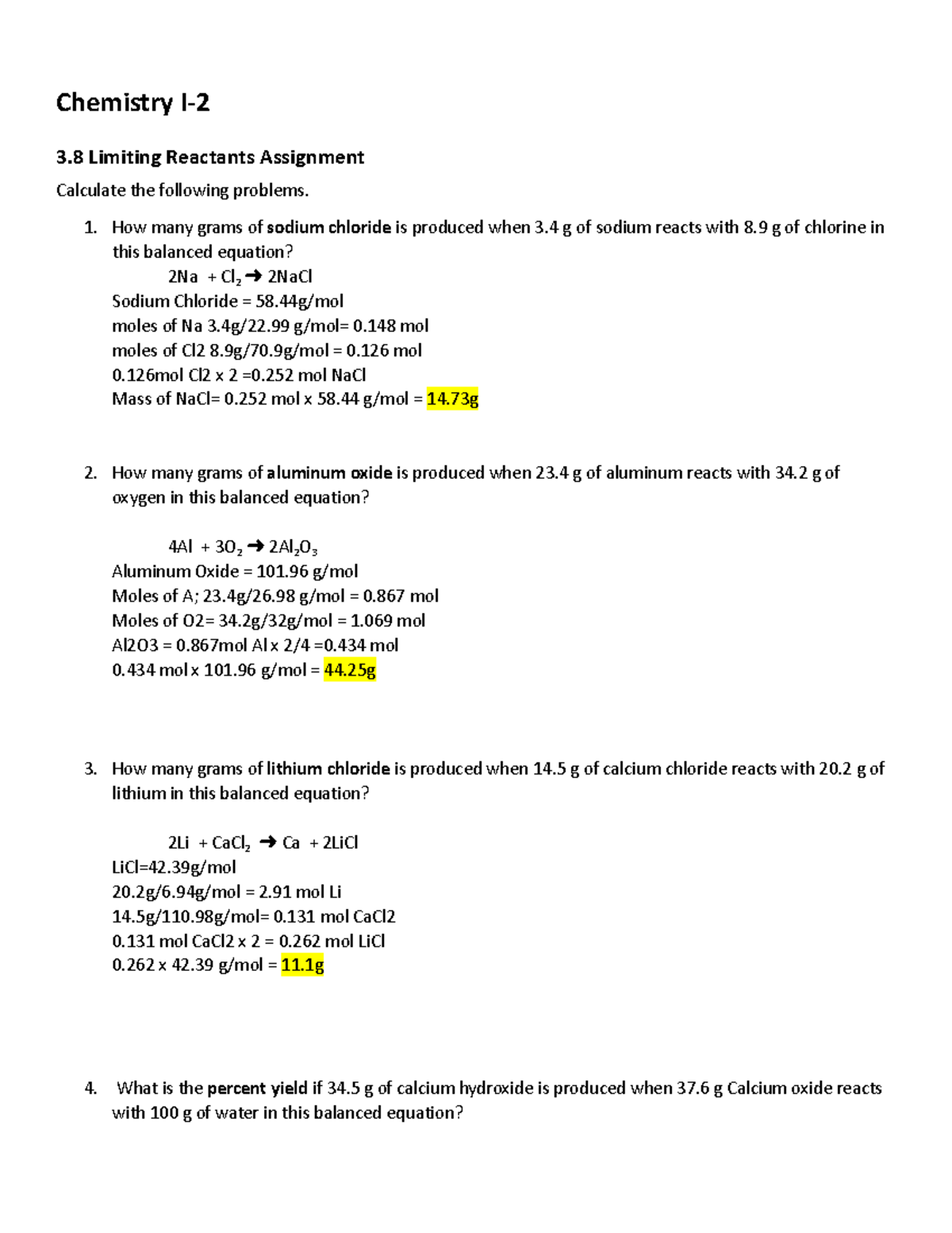 3.8 Limiting Reactant Assignment - Chemistry I- 3 Limiting Reactants ...