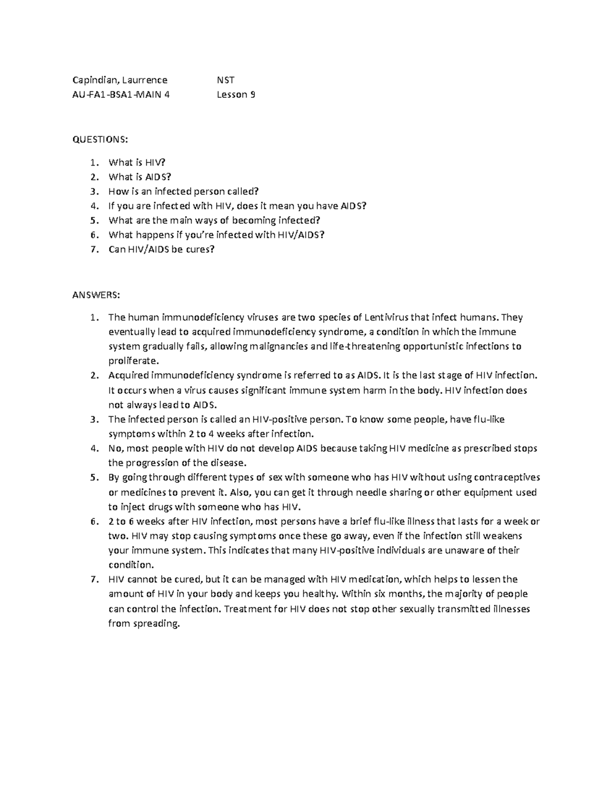 Lesson 9 - about hiv and aids - Capindian, Laurrence NST AU-FA1-BSA1 ...