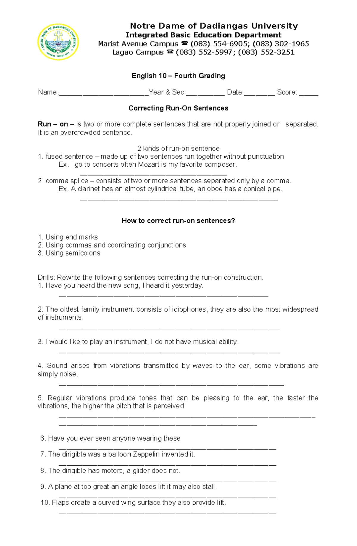 Correcting Run-on sentences - Notre Dame of Dadiangas University ...