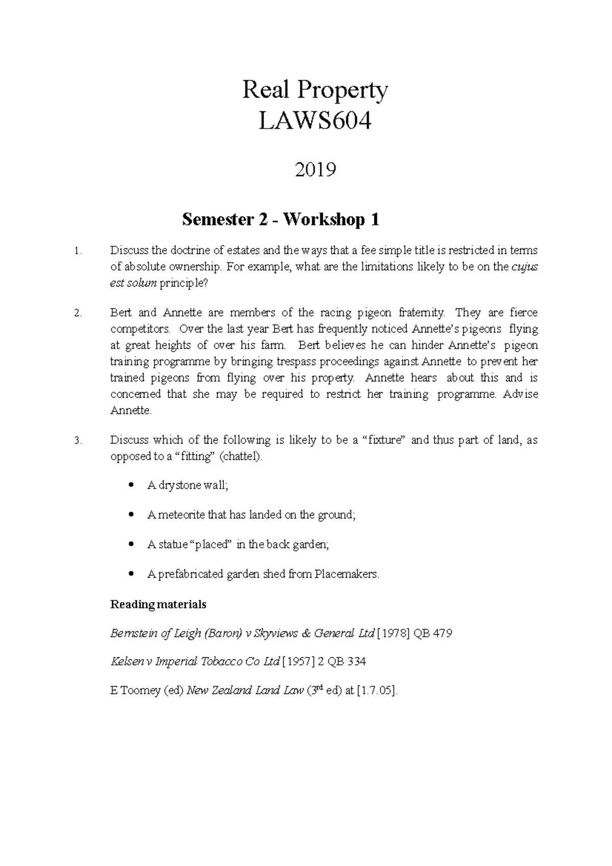 Real Property 2019 Workshop 1 090719 - Real Property LAWS 2019 Semester ...