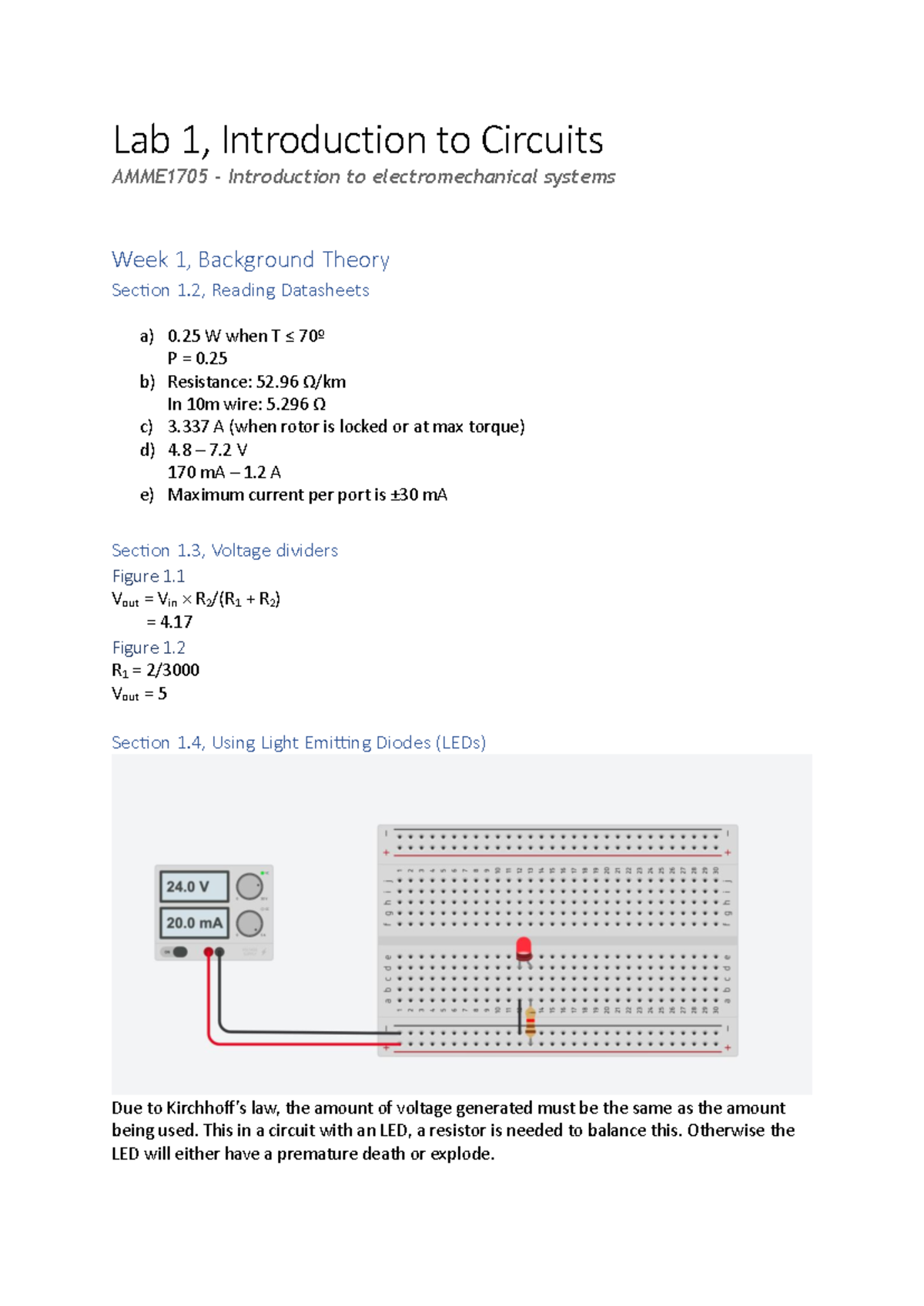 AMME1705-LAB1 - first lab - Lab 1, Introduction to Circuits AMME1705 - Introduction to - Studocu