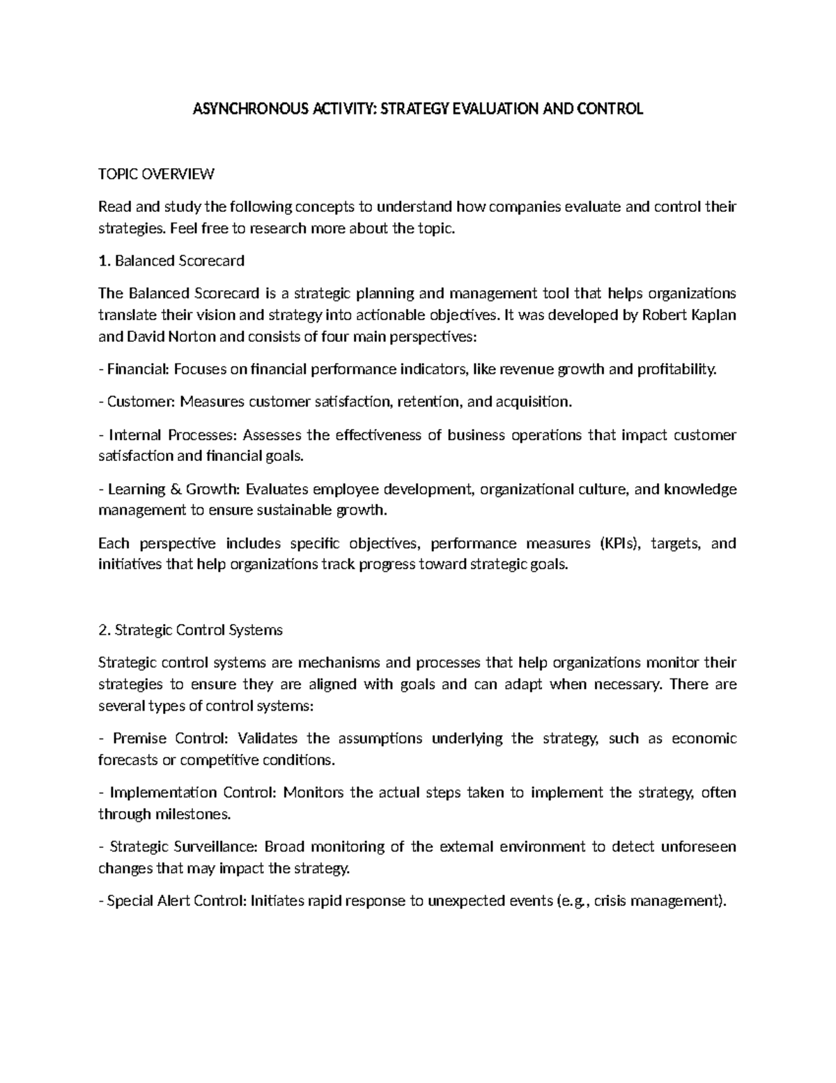 Asynchronous Activity Lesson 7 Strategy Evaluation And Control