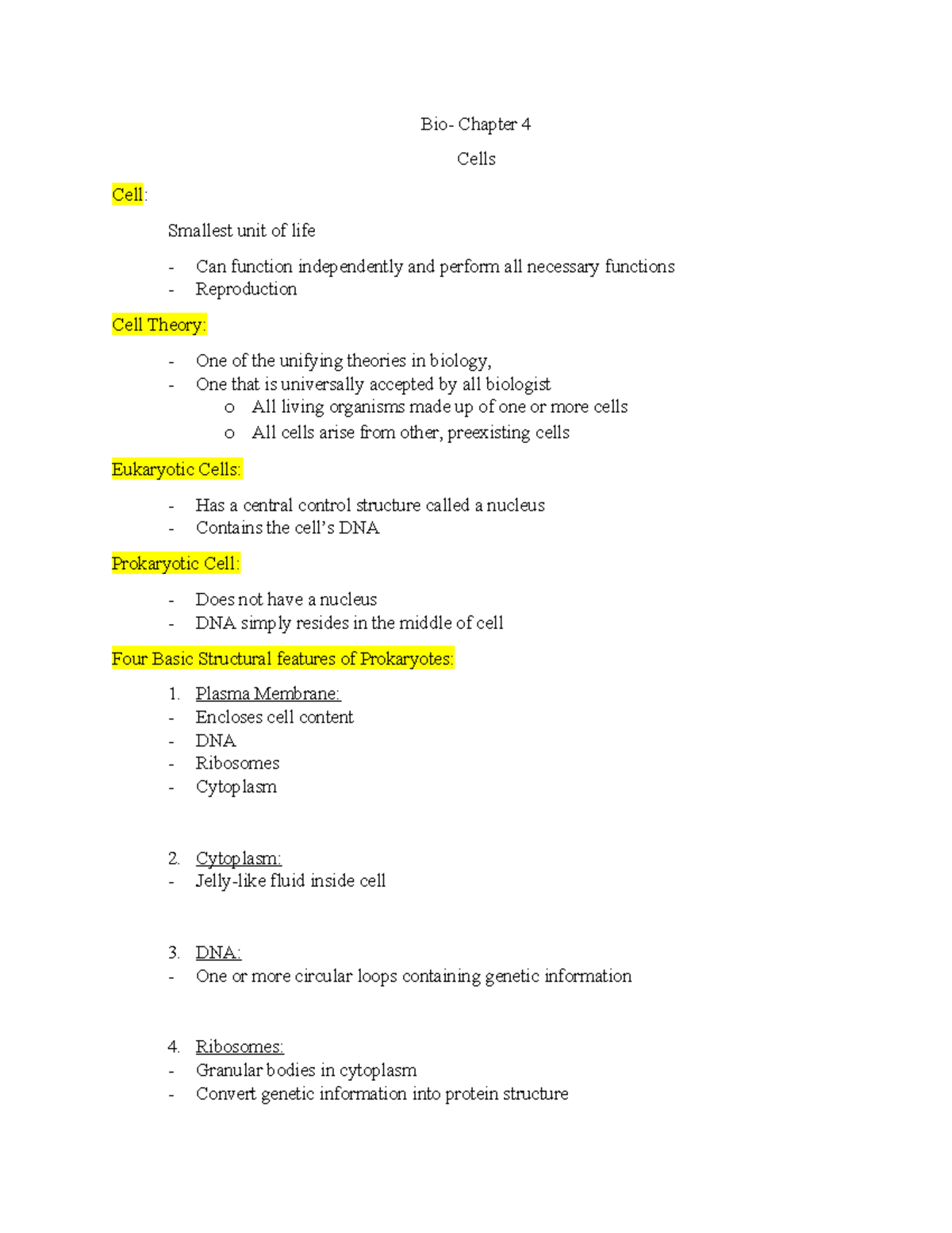 Bio-chapter 4 - lecture notes about cells - Bio- Chapter 4 Cells Cell ...