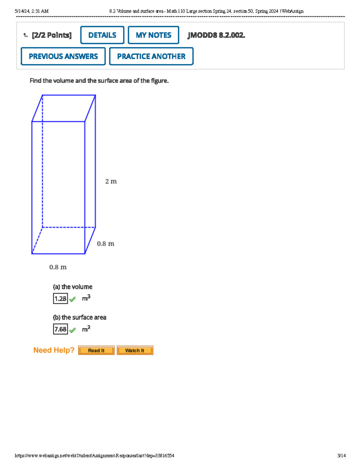 8.2 Volume and surface area - Math 110 Large section Spring 24, section 50, Spring 2024 Web ...