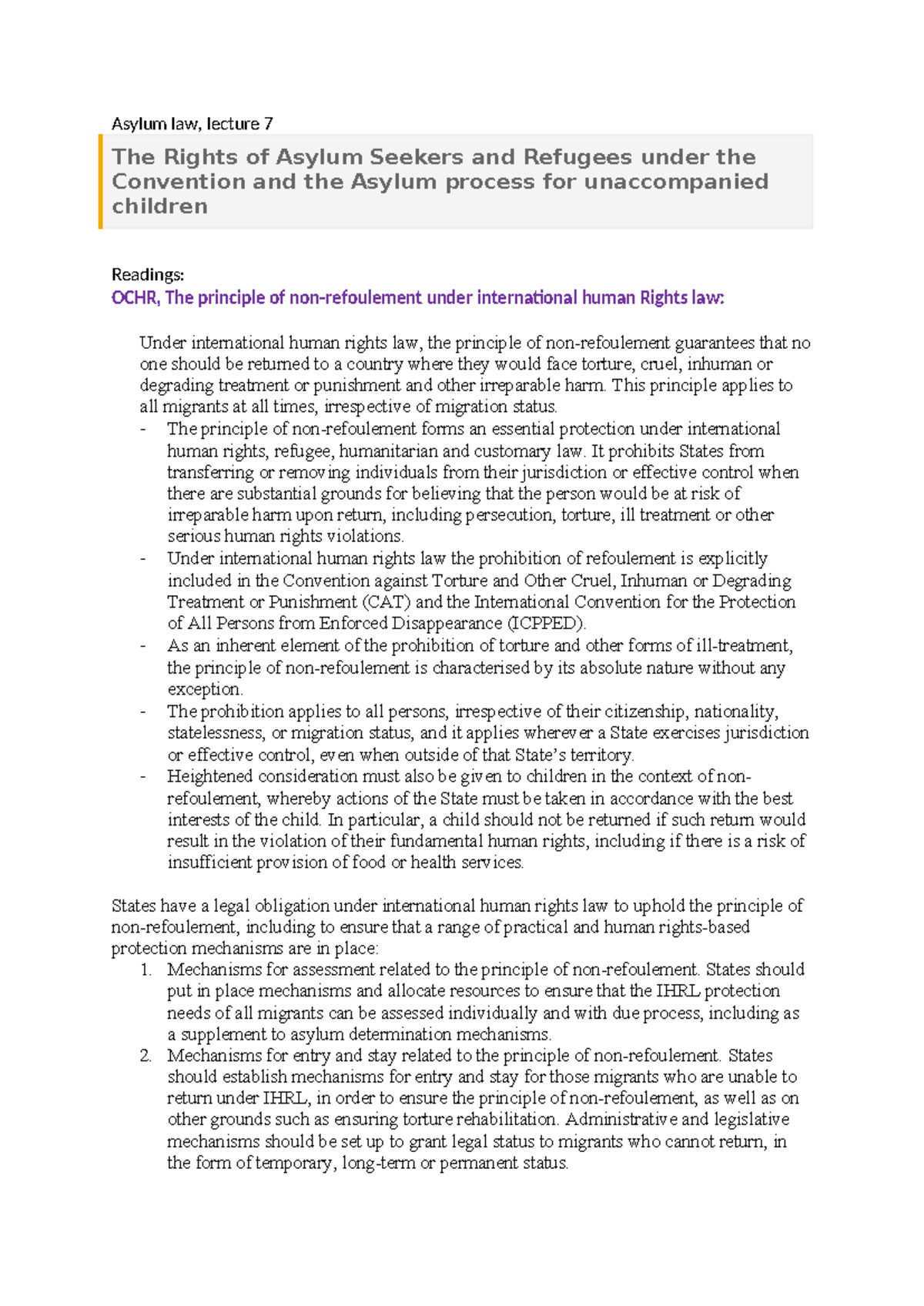 Asylum Law: Rights of Asylum Seekers & Refugees - Lecture 7 - Asylum law, lecture 7 The Rights ...