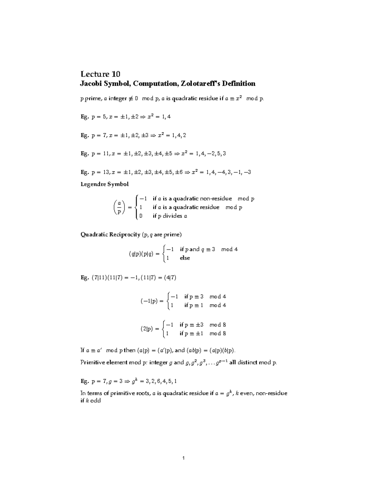 Theory Of Numbers Lecture 10 - Lecture 10 Jacobi Symbol, Computation ...