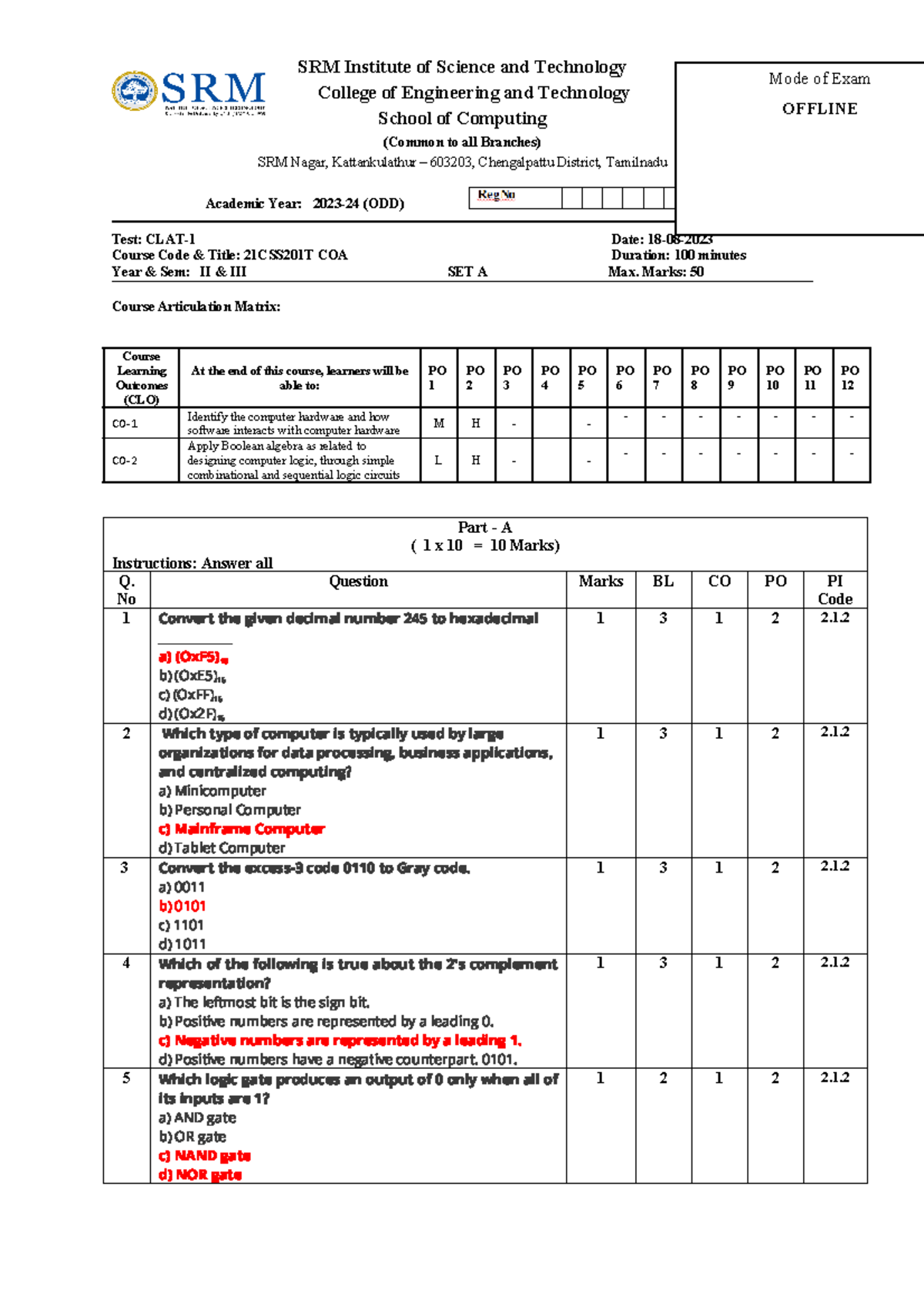Coa Ct1 Set A Answer Key Ct Paper Srm Institute Of Science And Technology College Of