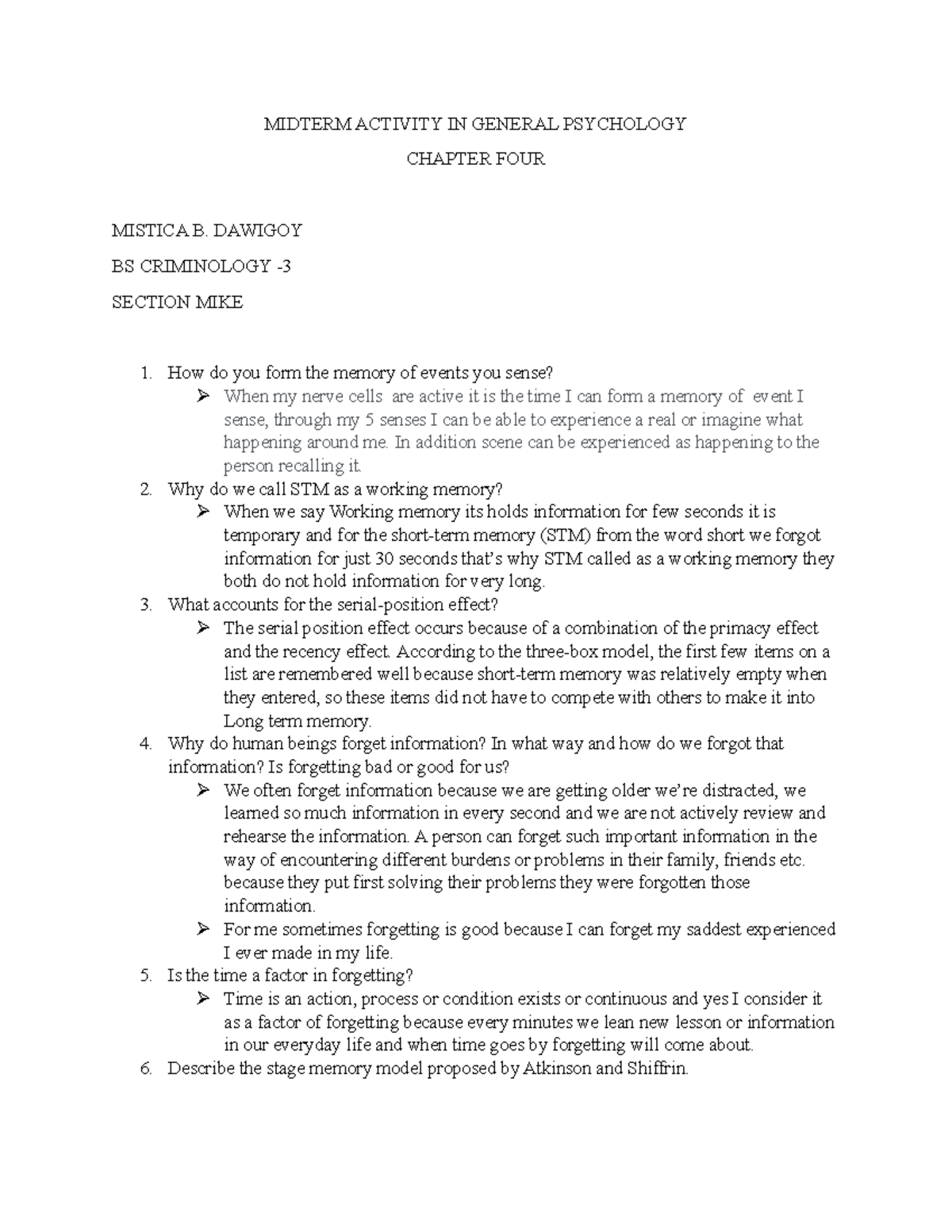 General Psychology - MIDTERM ACTIVITY IN GENERAL PSYCHOLOGY CHAPTER ...