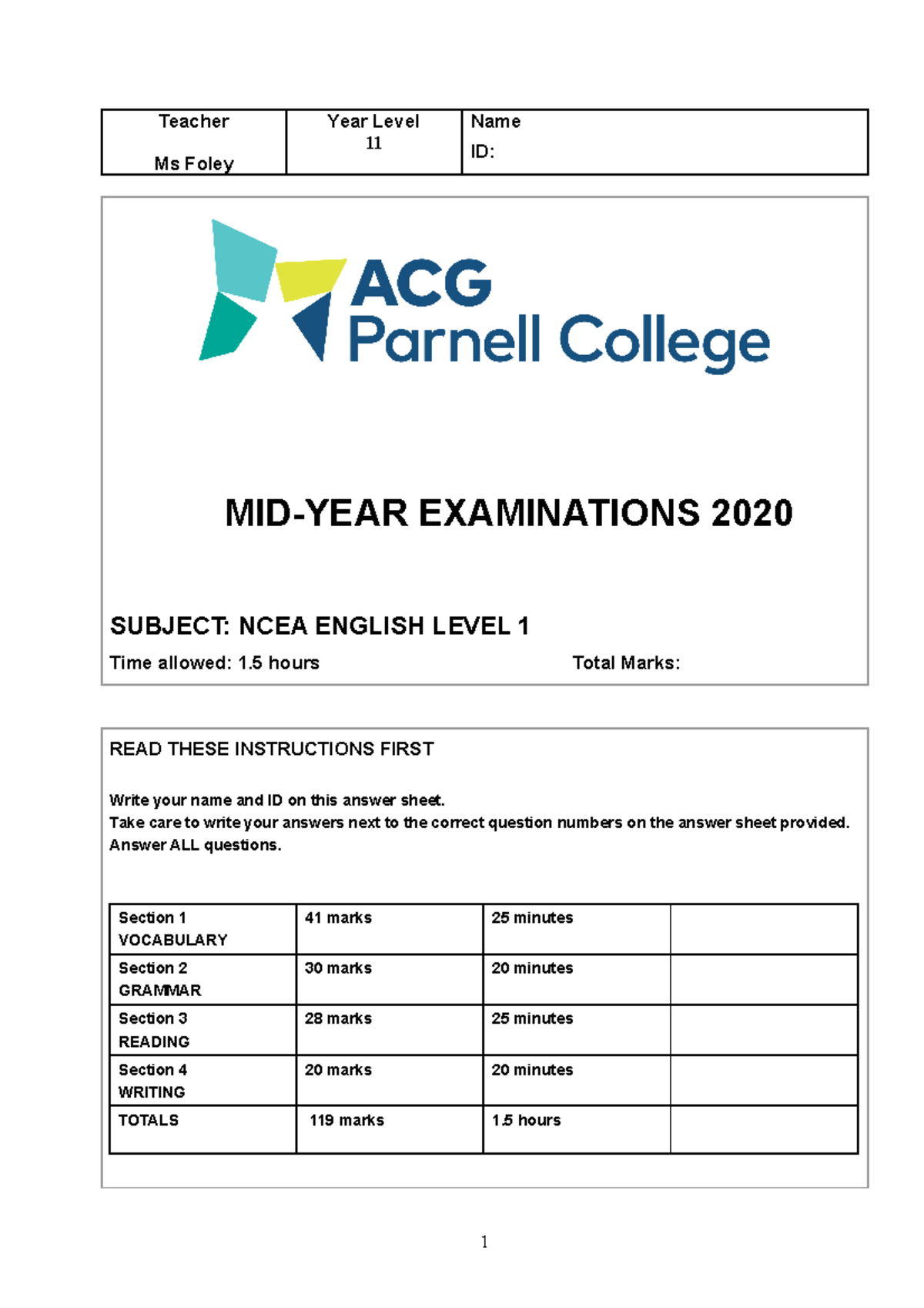2020 Answersheet year 11 mid year exam - Teacher Ms Foley Year Level 11 ...