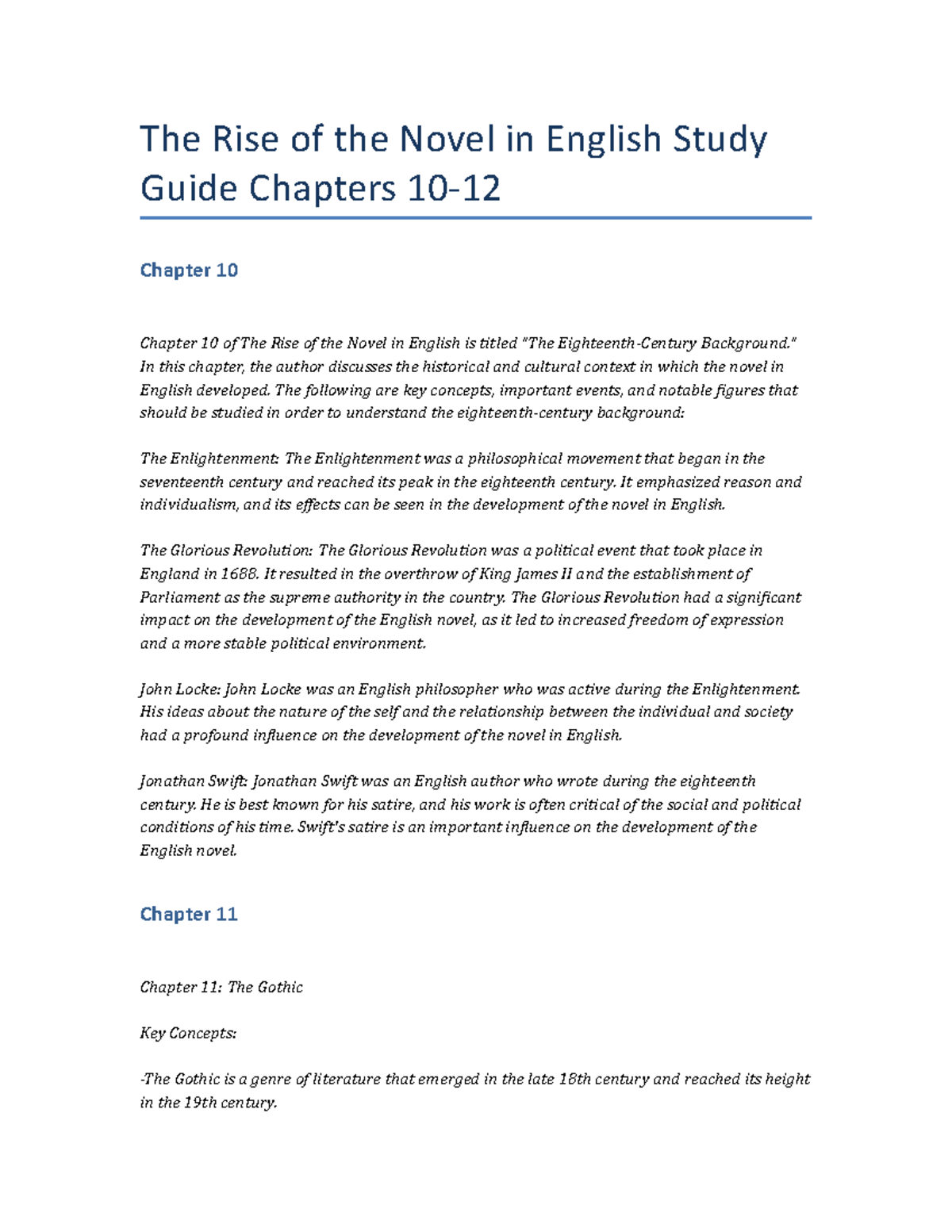 The Rise of the Novel in English Study Guide Chapters 10-12 - The Rise ...