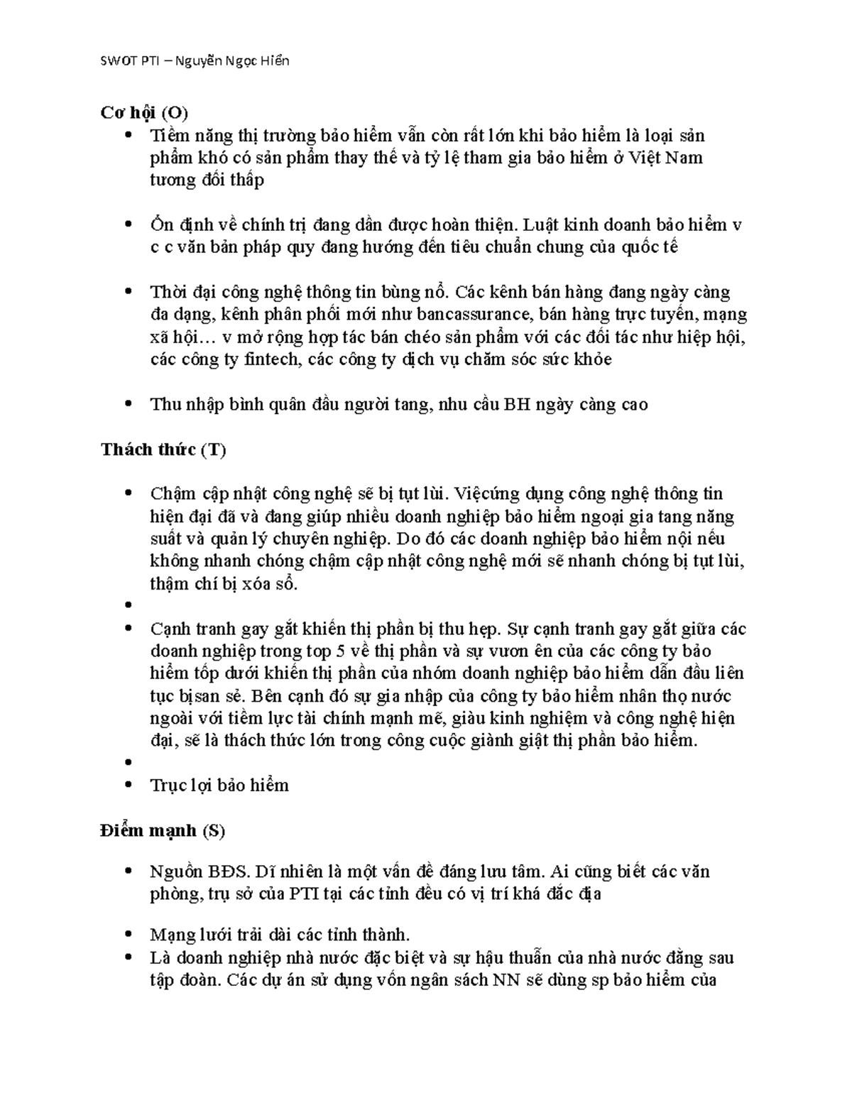 Swot pti - abc - SWOT PTI – Nguyễễn Ng c Hi nọ ể Cơ hội (O) Tiềm năng thị trường bảo hiểm vẫn ...