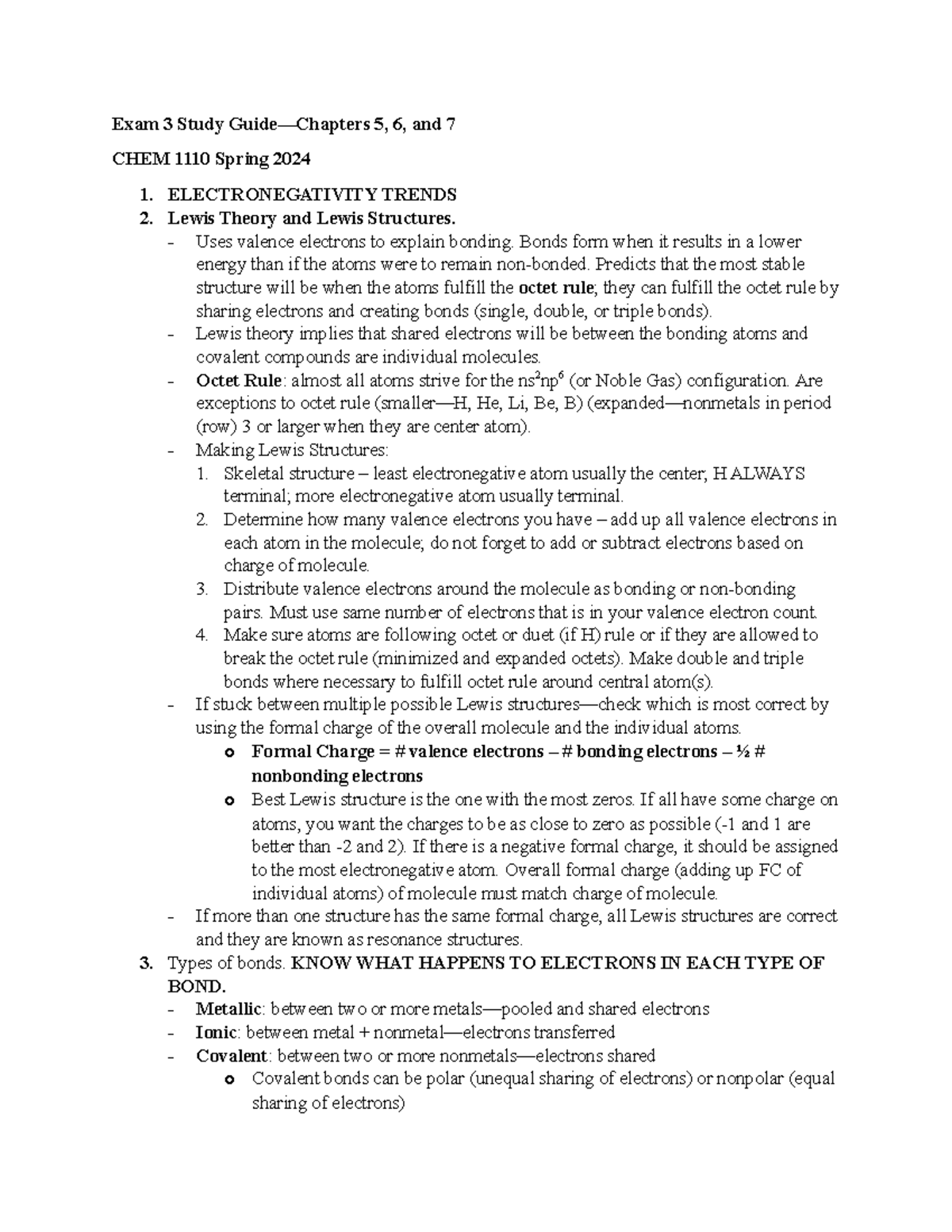 Exam 3 Study Guide - Exam 3 Study Guide—Chapters 5, 6, and 7 CHEM 1110 ...