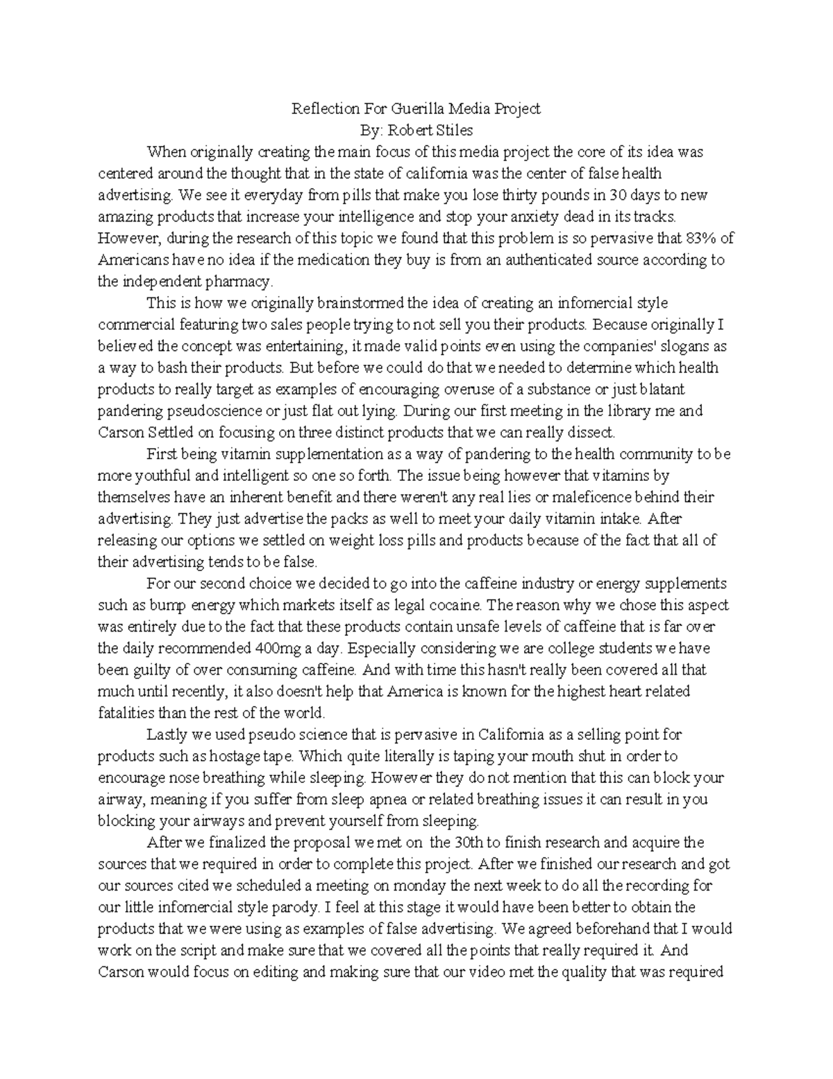 Project Reflection paper Media - Reflection For Guerilla Media Project ...