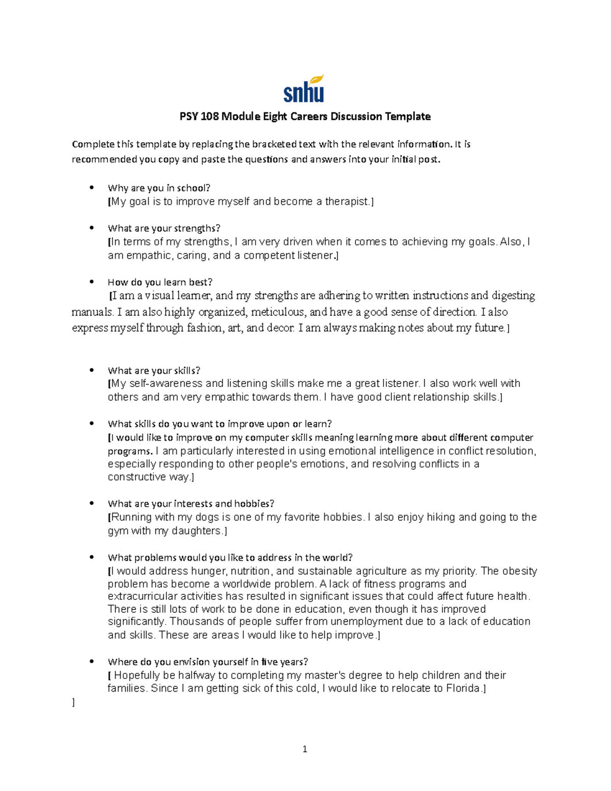 PSY 108 Module Eight Careers Discussion Template - PSY 108 Module Eight ...