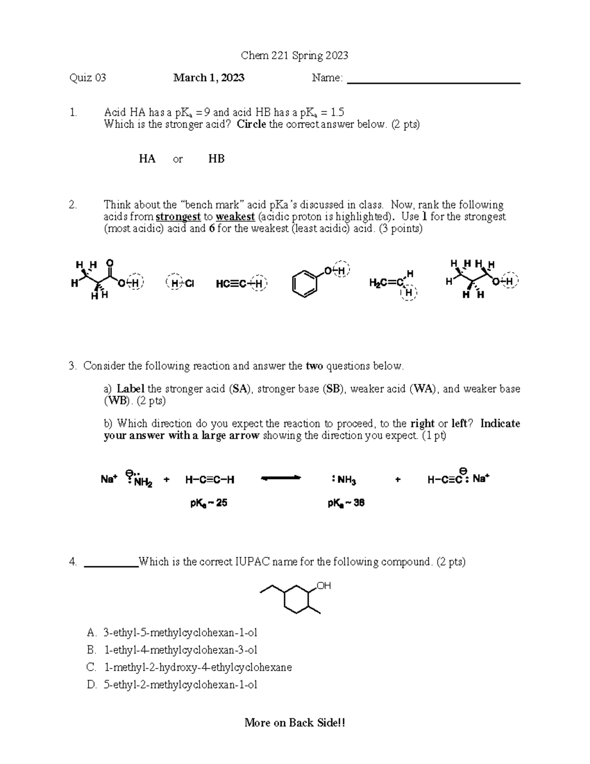 Quiz03 S2023 - practice quiz - More on Back Side!! Chem 221 Spring 2023 Quiz 03 March 1, 2023 ...