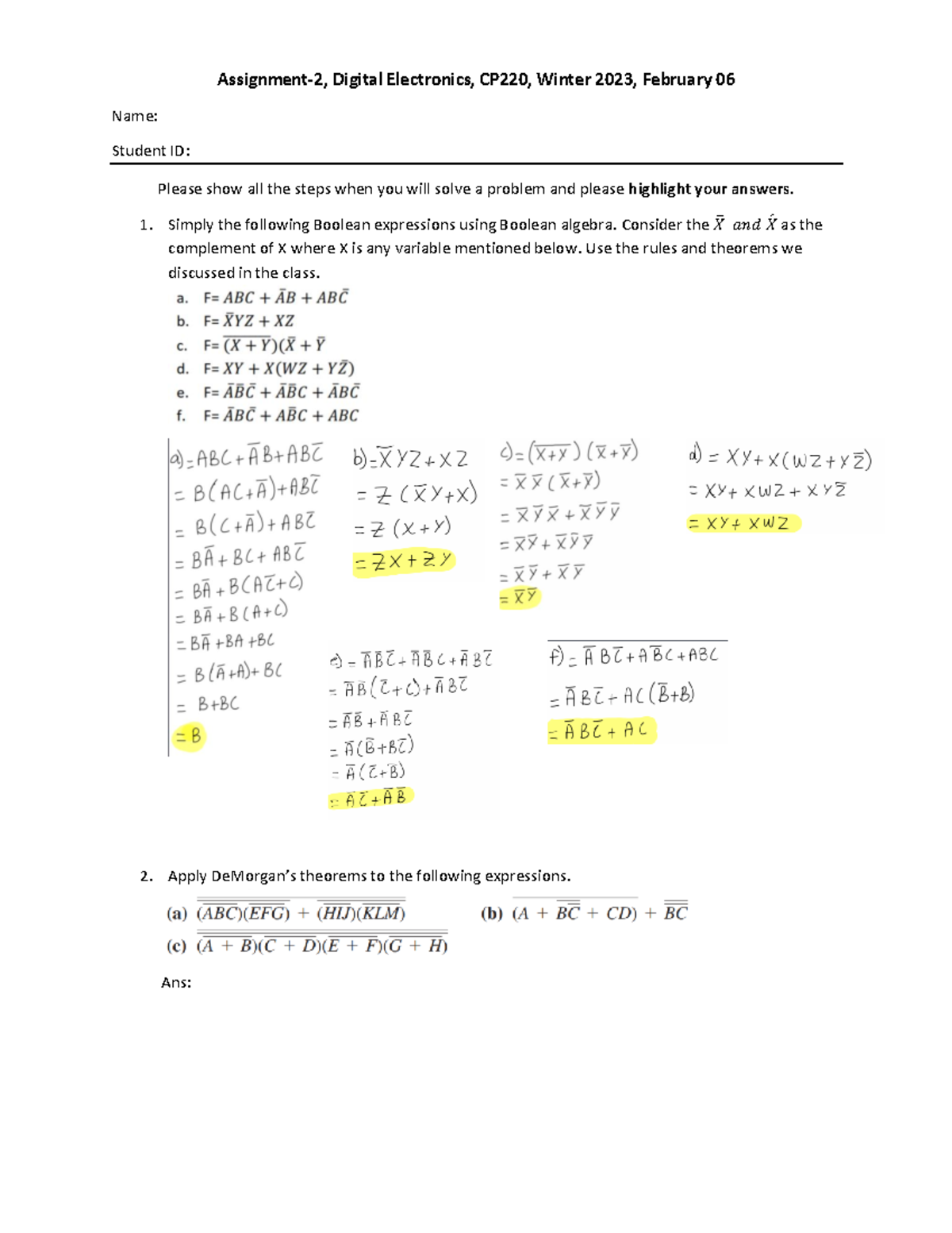 Assignment-2 -V1 - Assignment-2, Digital Electronics, CP220, Winter ...