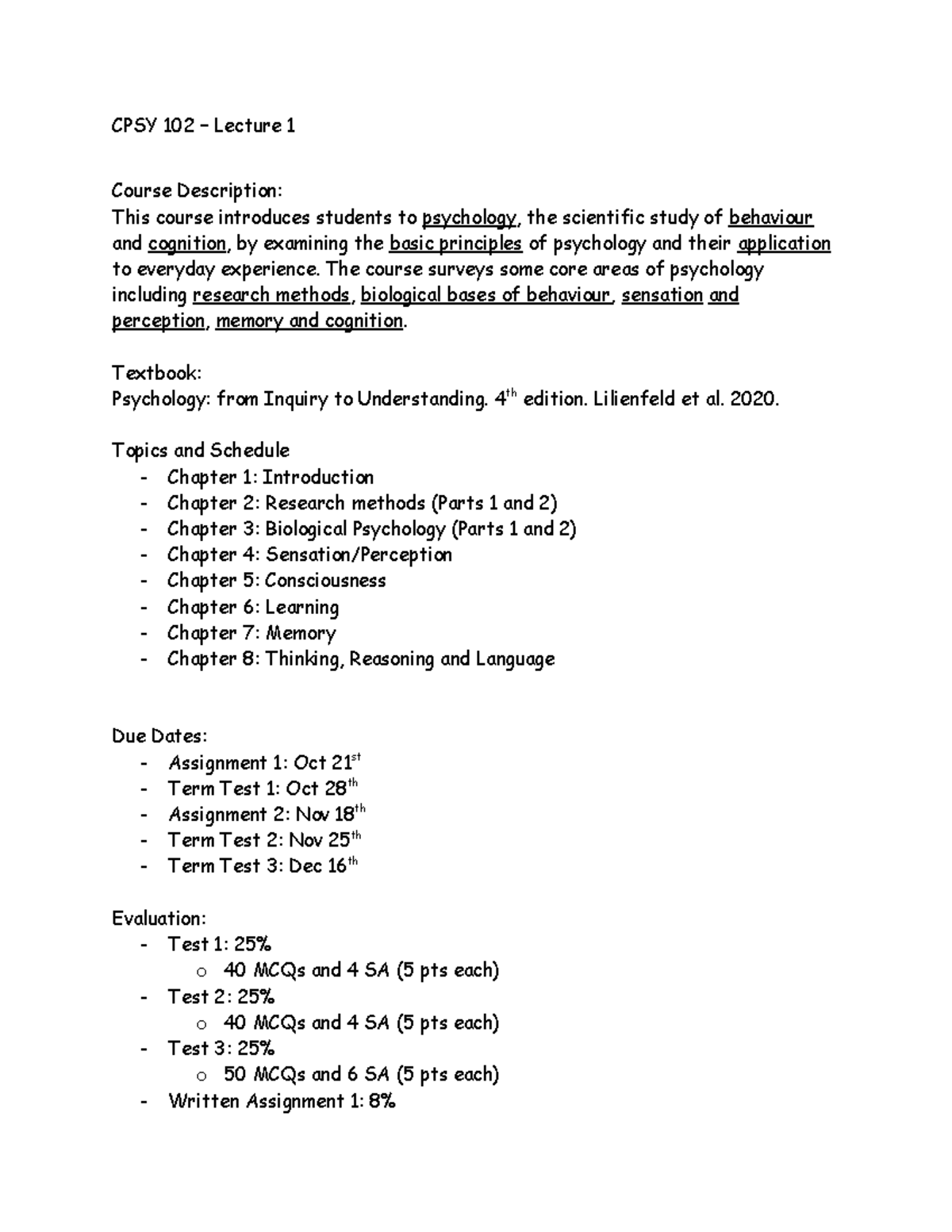 C PSY 102 - Lecture 1 - CPSY 102 – Lecture 1 Course Description: This ...