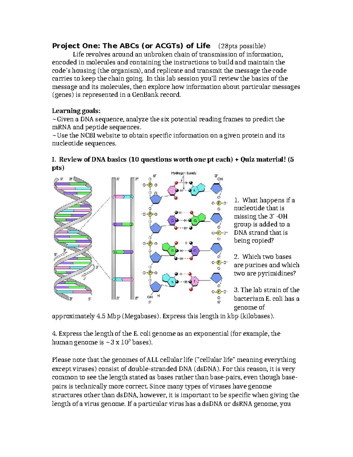 01 Proj Su24 - lab 1 - Project One: The ABCs (or ACGTs) of Life (28pts possible) Life revolves ...
