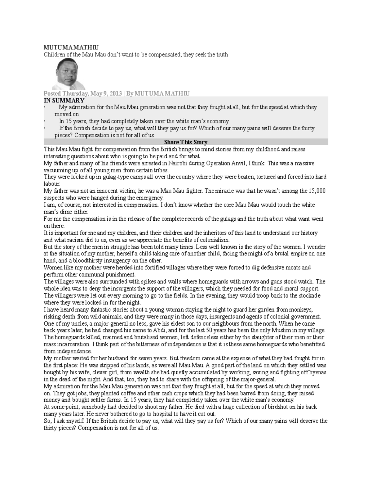 Mau Mau Reparations - Research based on tutorials - MUTUMA MATHIU ...