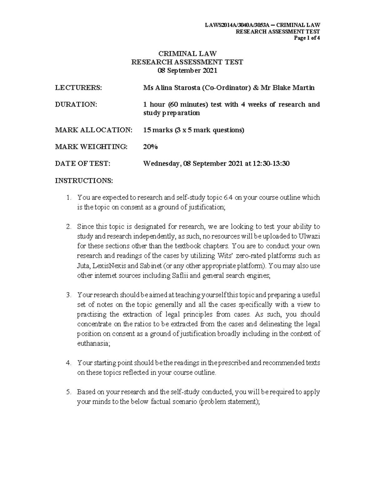 Criminal Law Research Assessment Test 2021 Communique to Students ...
