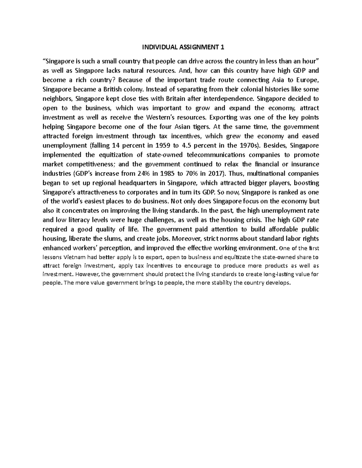 Individual Assignment 1 - INDIVIDUAL ASSIGNMENT 1 “Singapore is such a ...