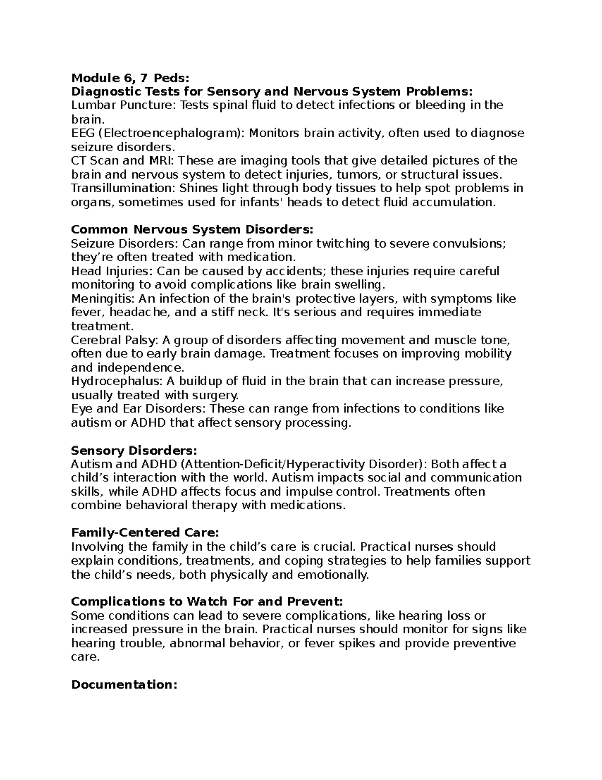 Module 6 and 7 peds - notes - Module 6, 7 Peds: Diagnostic Tests for ...