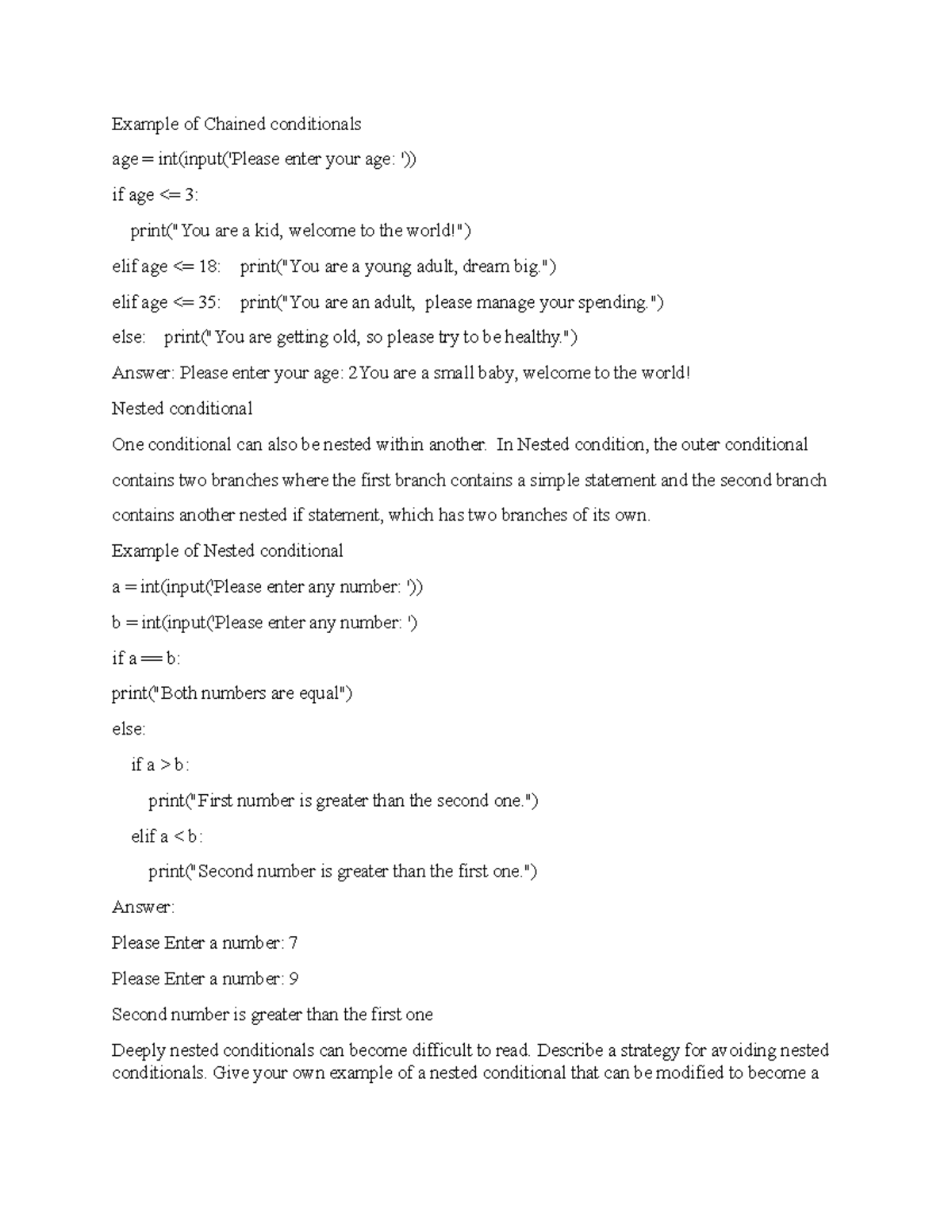 CS1101 Discussion Assignment Unit 3 - Example of Chained conditionals ...