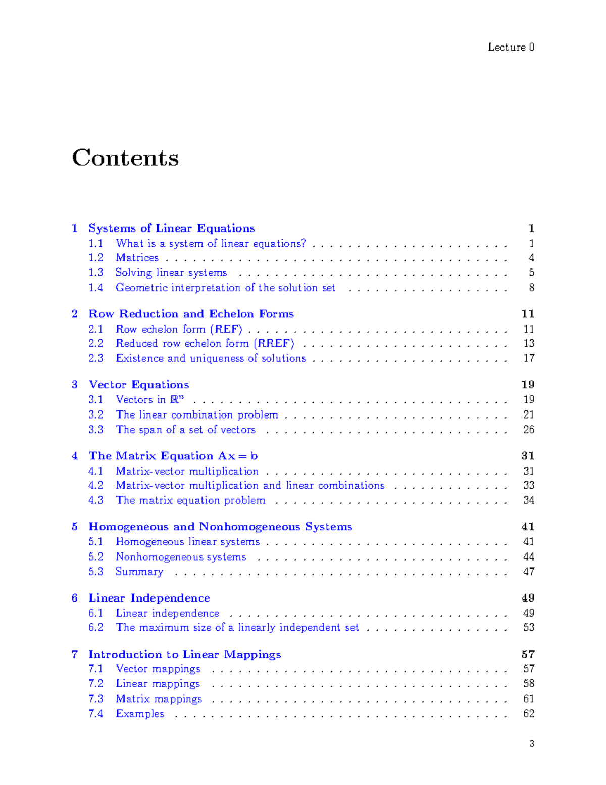 Basic of Linear Algebra - Contents - Lecture 1 Systems of Linear ...