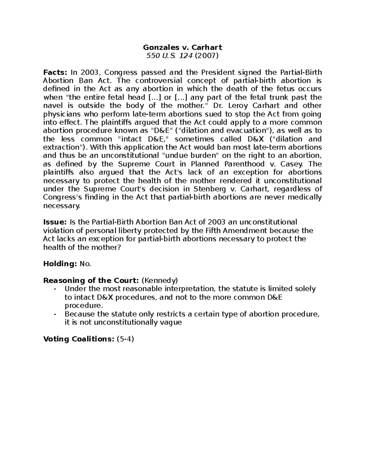 Gonzales v Carhart - POLS/AAST 356 taught by Professor Kevin Lyles ...