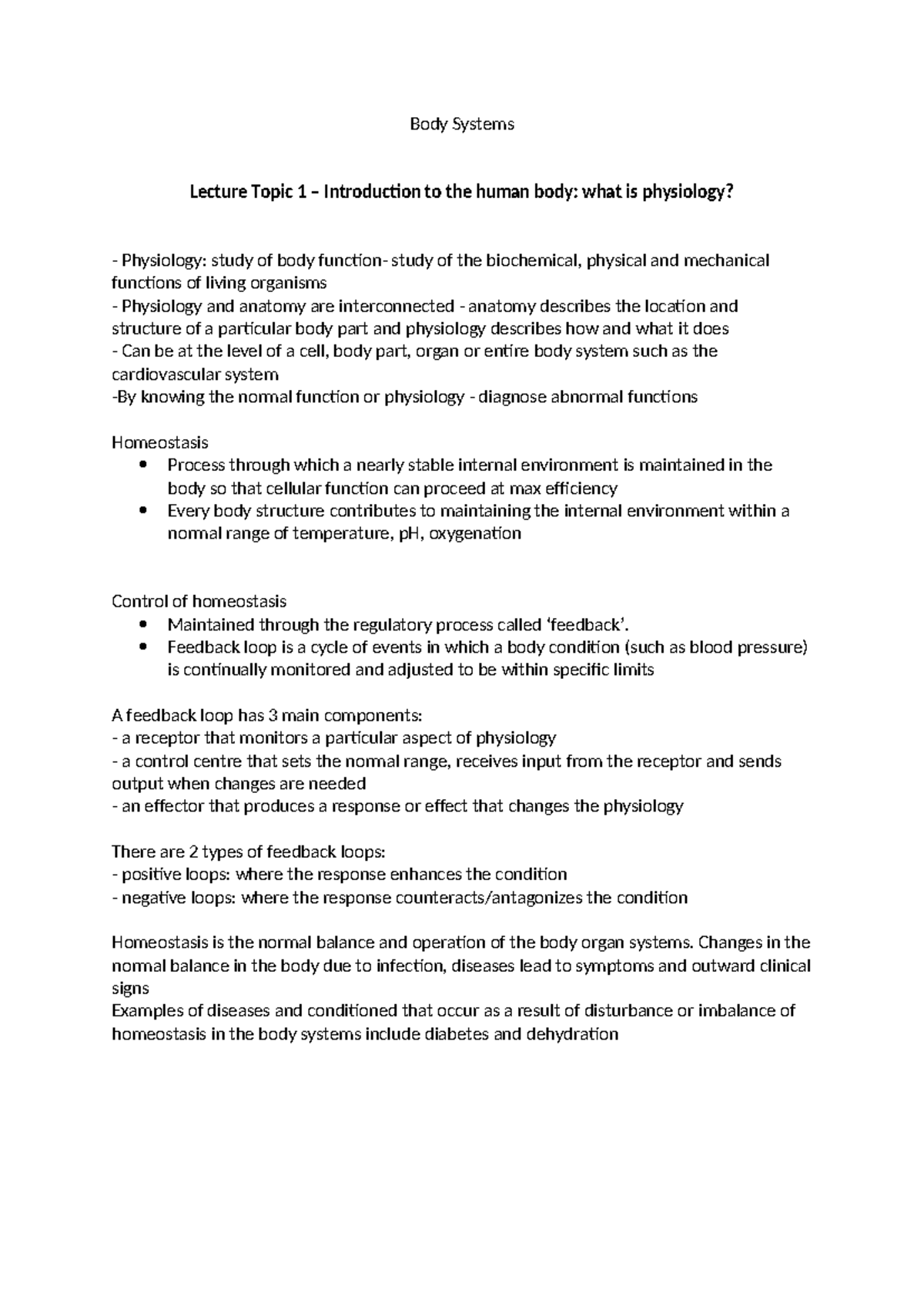 Lecture Topic 1 - module 1 - Body Systems Lecture Topic 1 ...