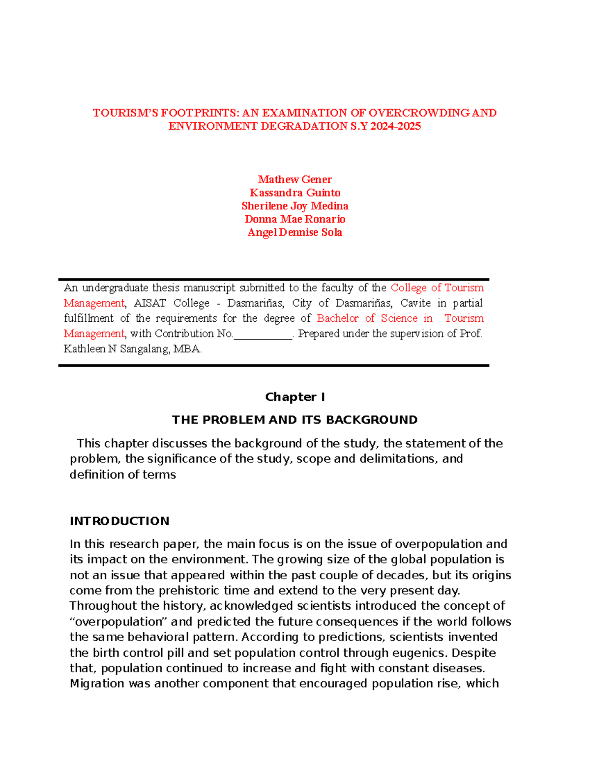 Thesis - Summary hotel and restaurant management - TOURISM’S FOOTPRINTS ...