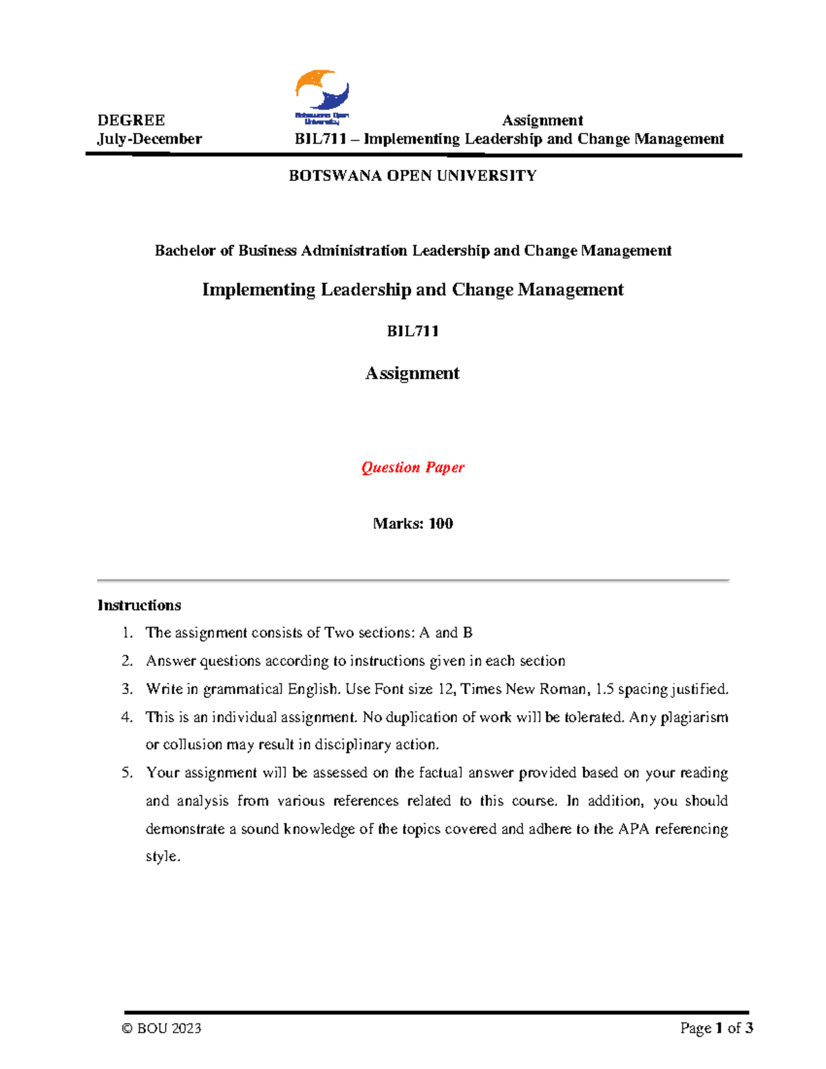 BIL711 Assignment- Question Paper - DEGREE Assignment July-December BIL ...