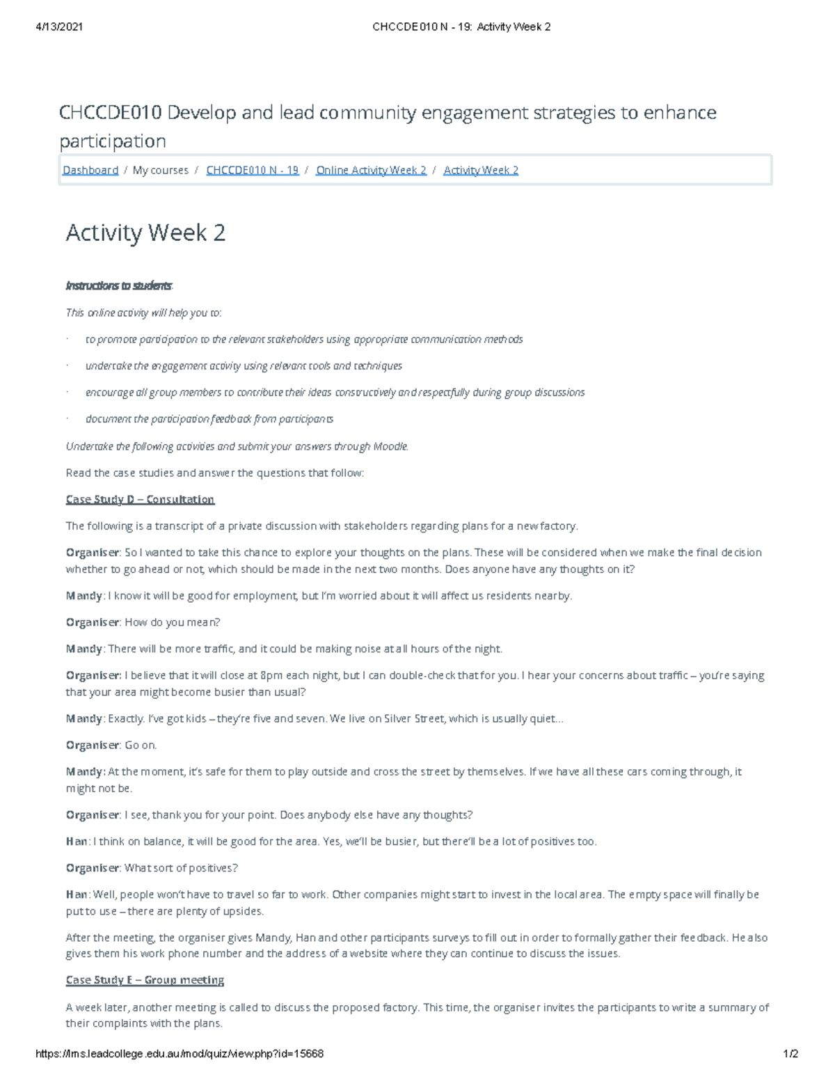 Chccde 010 N - 19 Activity Week 2 - 4/13/2021 CHCCDE010 N - 19: Activity Week 2 - Studocu