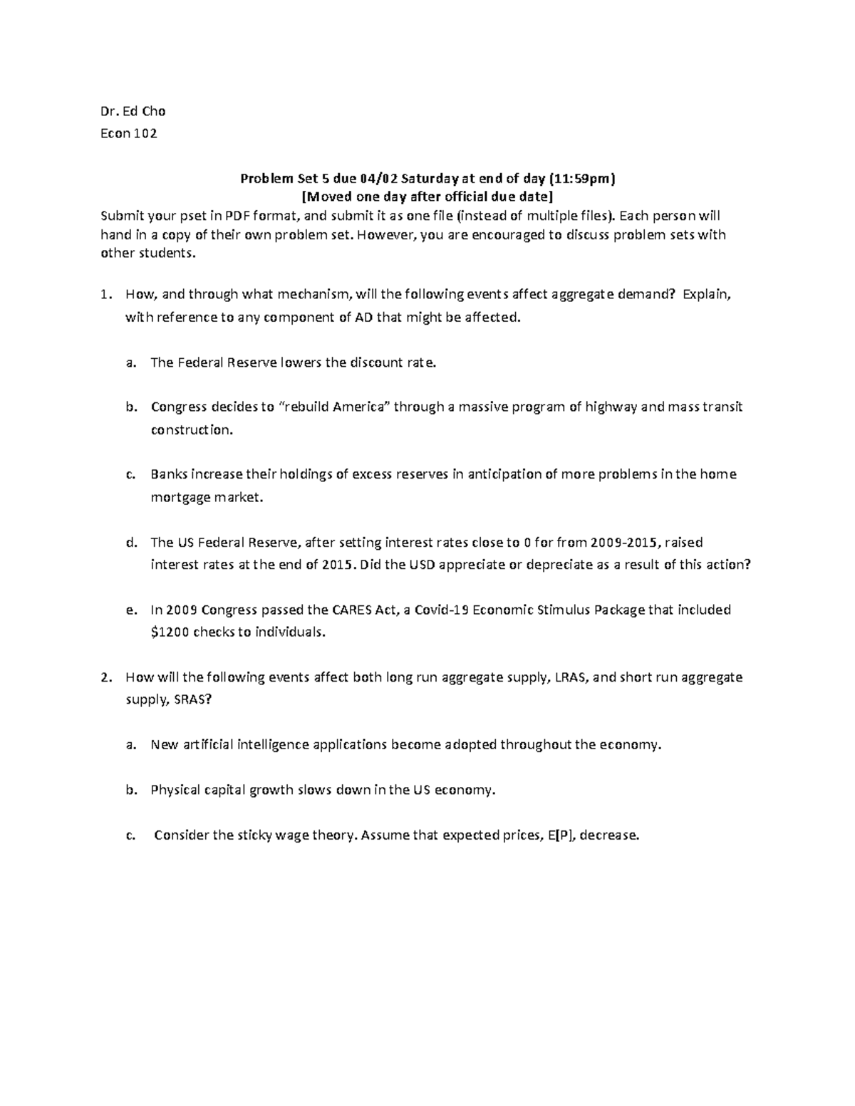 Problemset5macro Problemset5macro Dr Ed Cho Econ 102 Problem