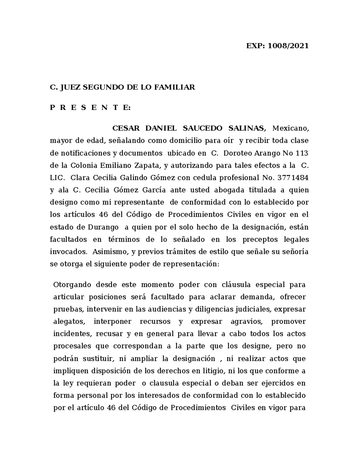 Contestacion a pension - EXP: 1008/ C. JUEZ SEGUNDO DE LO FAMILIAR P R ...