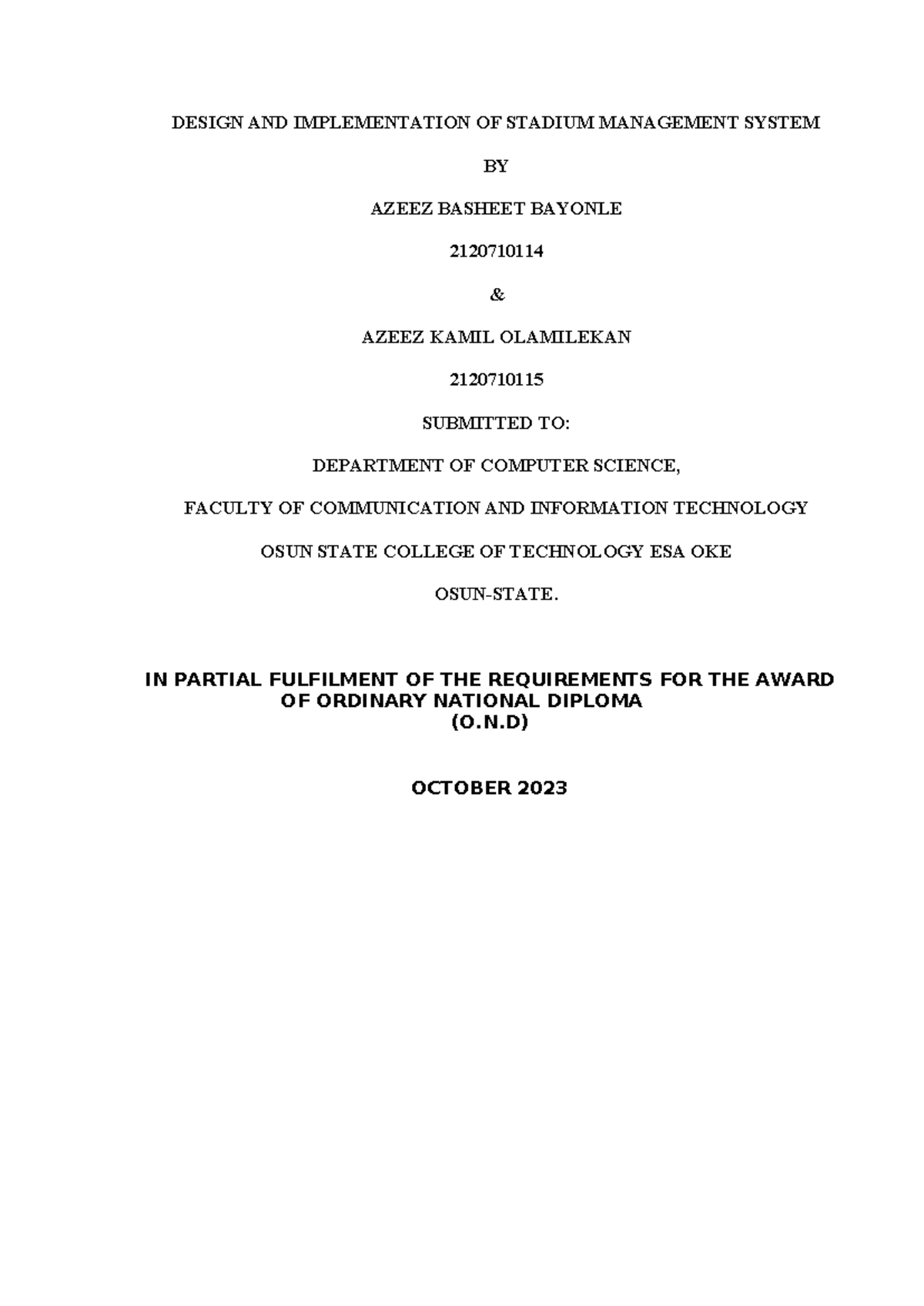 Design AND Implementation OF Stadium Management System - DESIGN AND IMPLEMENTATION OF STADIUM ...