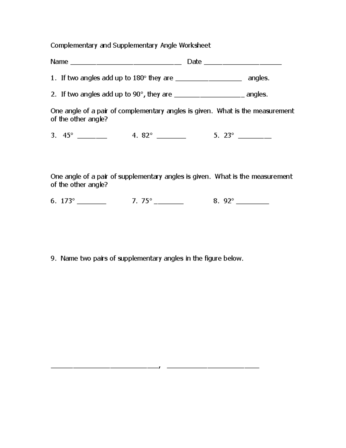Worksheet - Comp & Supp Angles - Complementary and Supplementary Angle ...