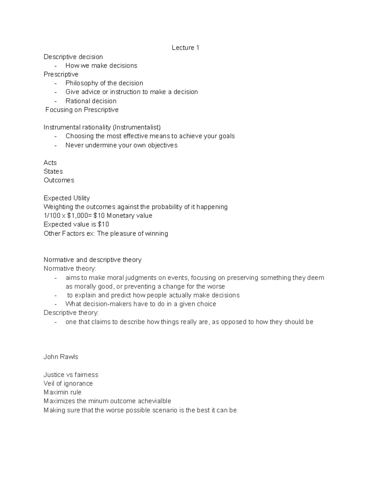Philosophy of Decision - Lecture 1 Descriptive decision How we make ...