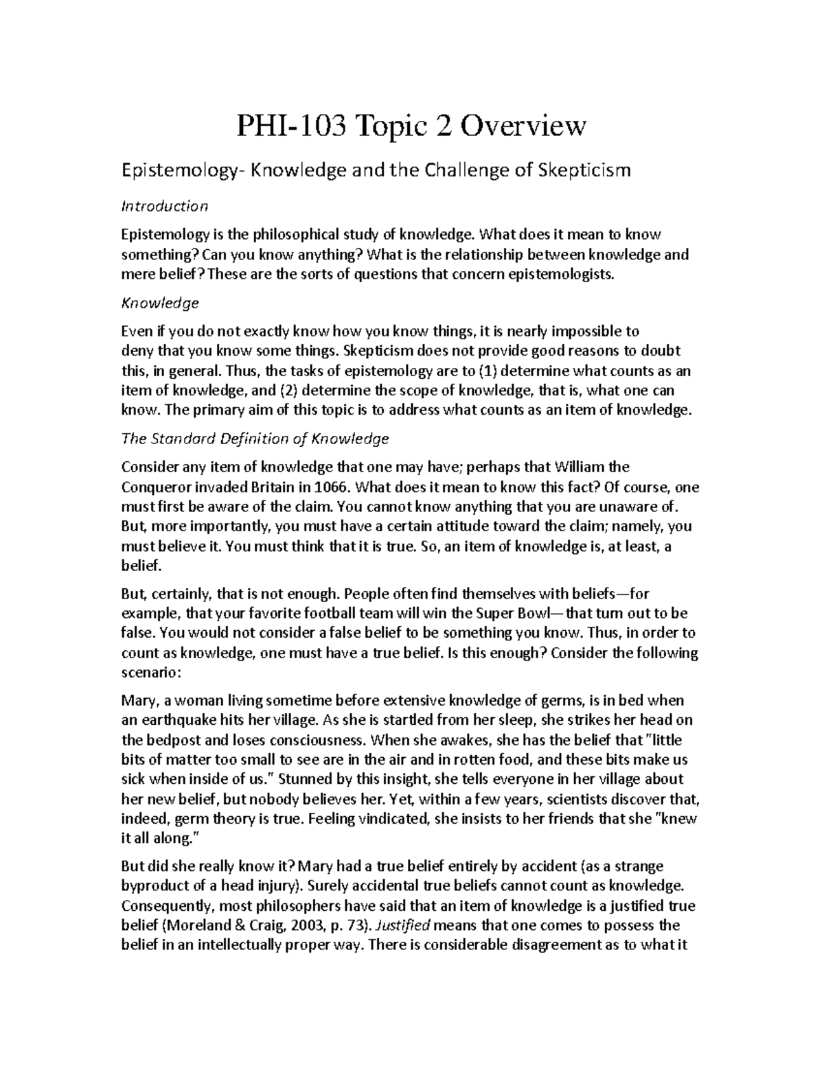 PHI 103 L T2Overview - overview - PHI-103 Topic 2 Overview Epistemology- Knowledge and the ...