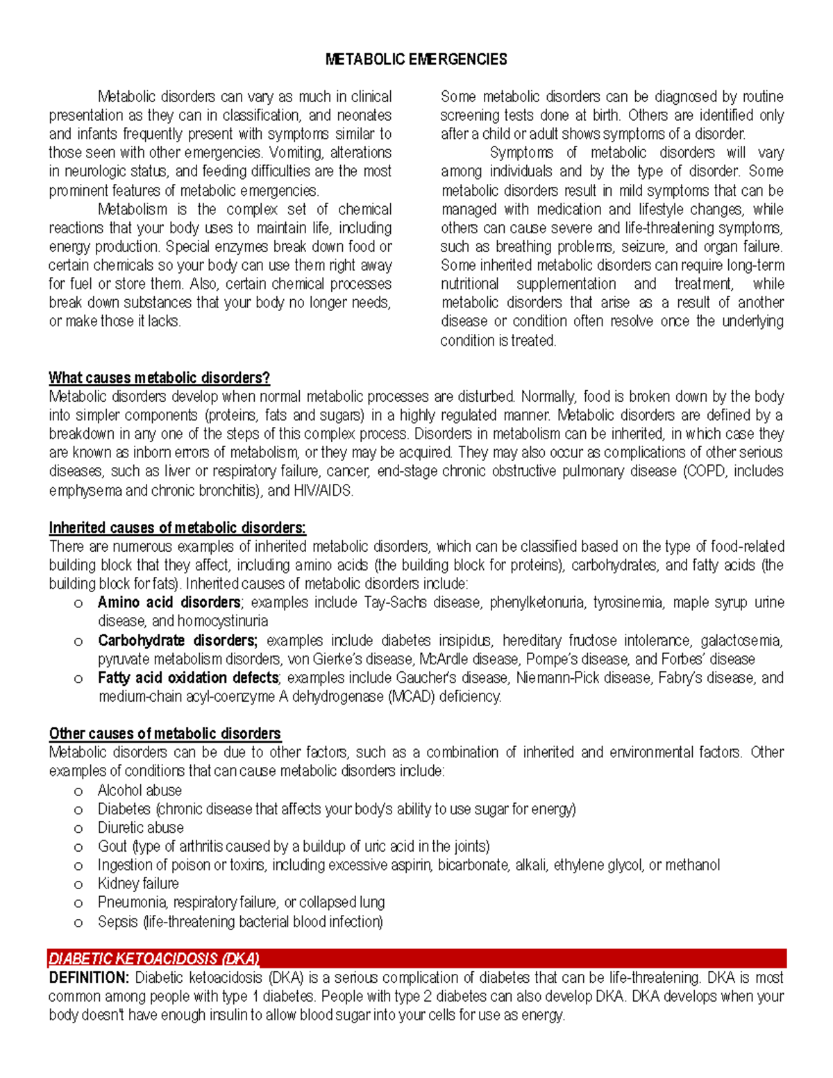 Metabolic Emergencies - METABOLIC EMERGENCIES Metabolic disorders can ...