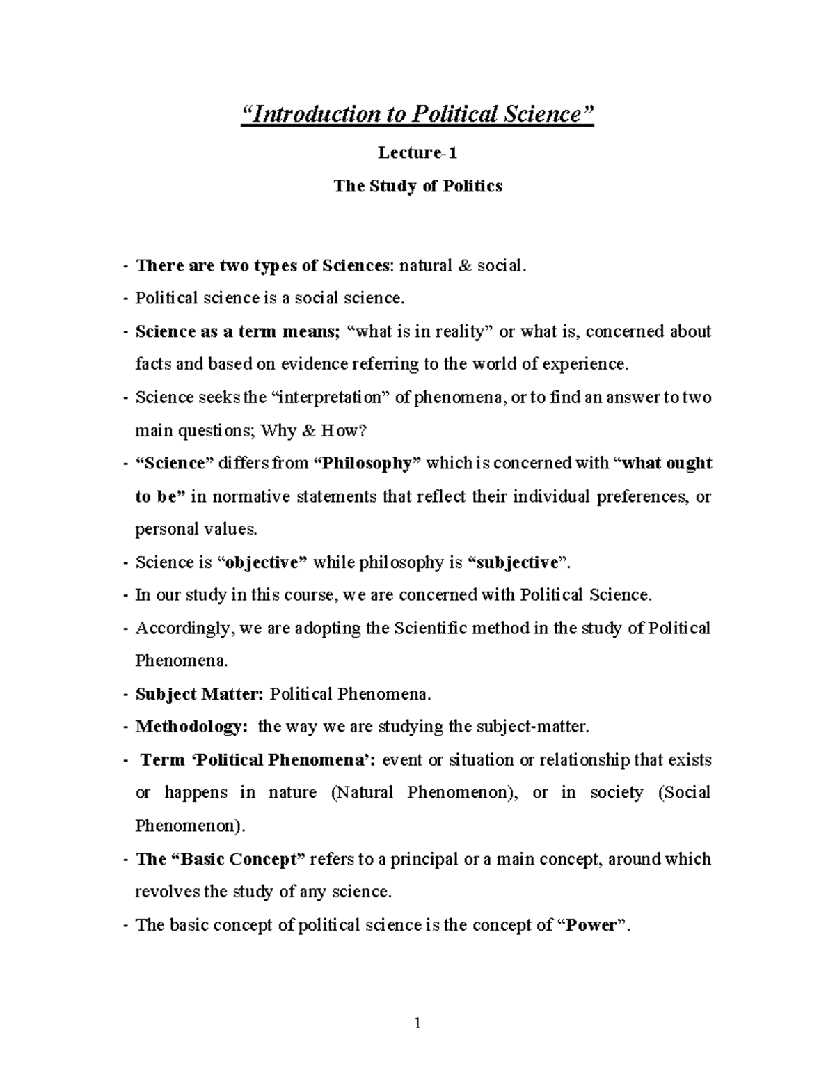 Chapter-1 The study of politics - 1 “Introduction to Political Science ...