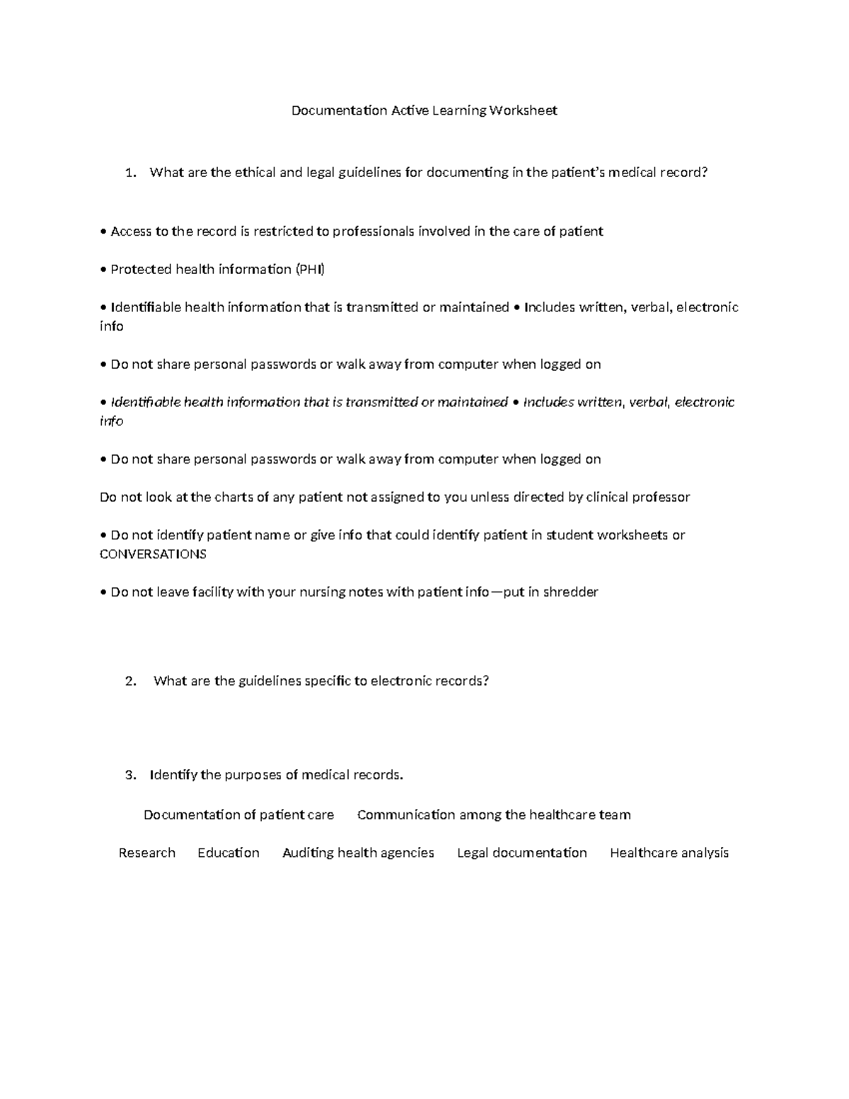 Documentation Active Learning Worksheet - Documentation of patient care ...