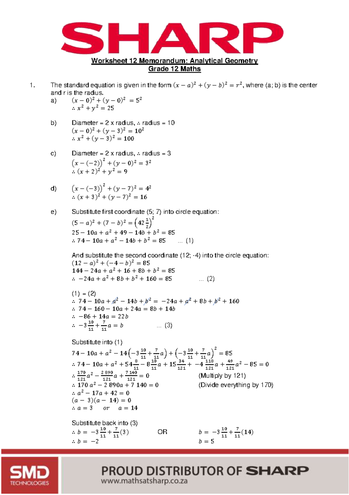 Worksheet 12 Memorandom Analytical Geometry - Worksheet 12 Memorandum ...
