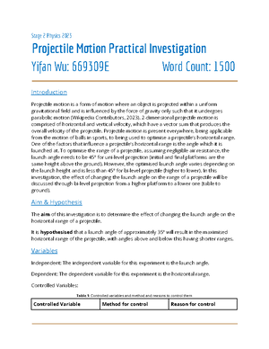 Projectile Motion Practical Report - 374593G Investigating Projectile ...